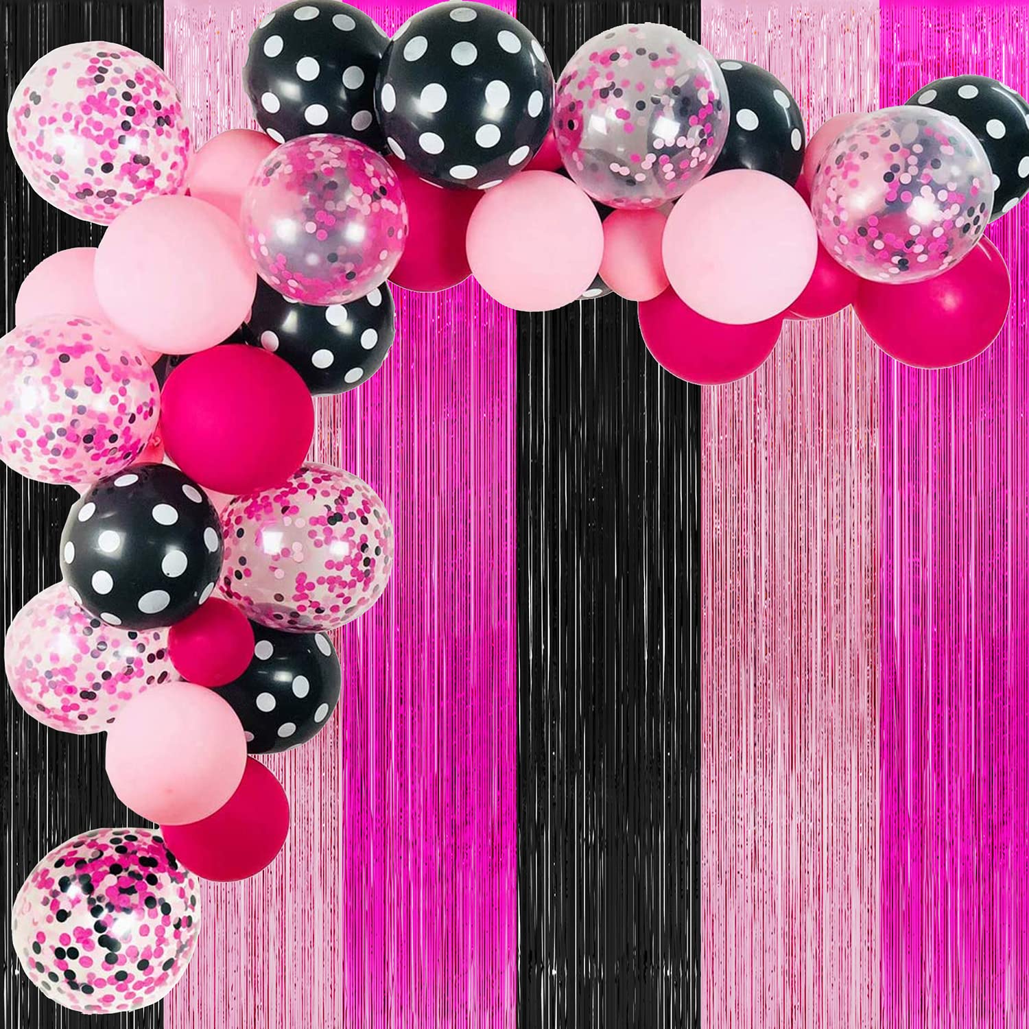 WIQEDOHA 3 Pack Foil Curtains-8x9.84 Ft Rose Red Pink and Black Fringe Metallic Backdrop Curtain for Minie Mouse Themed Baby Shower Birthday Nursery Party Decorations