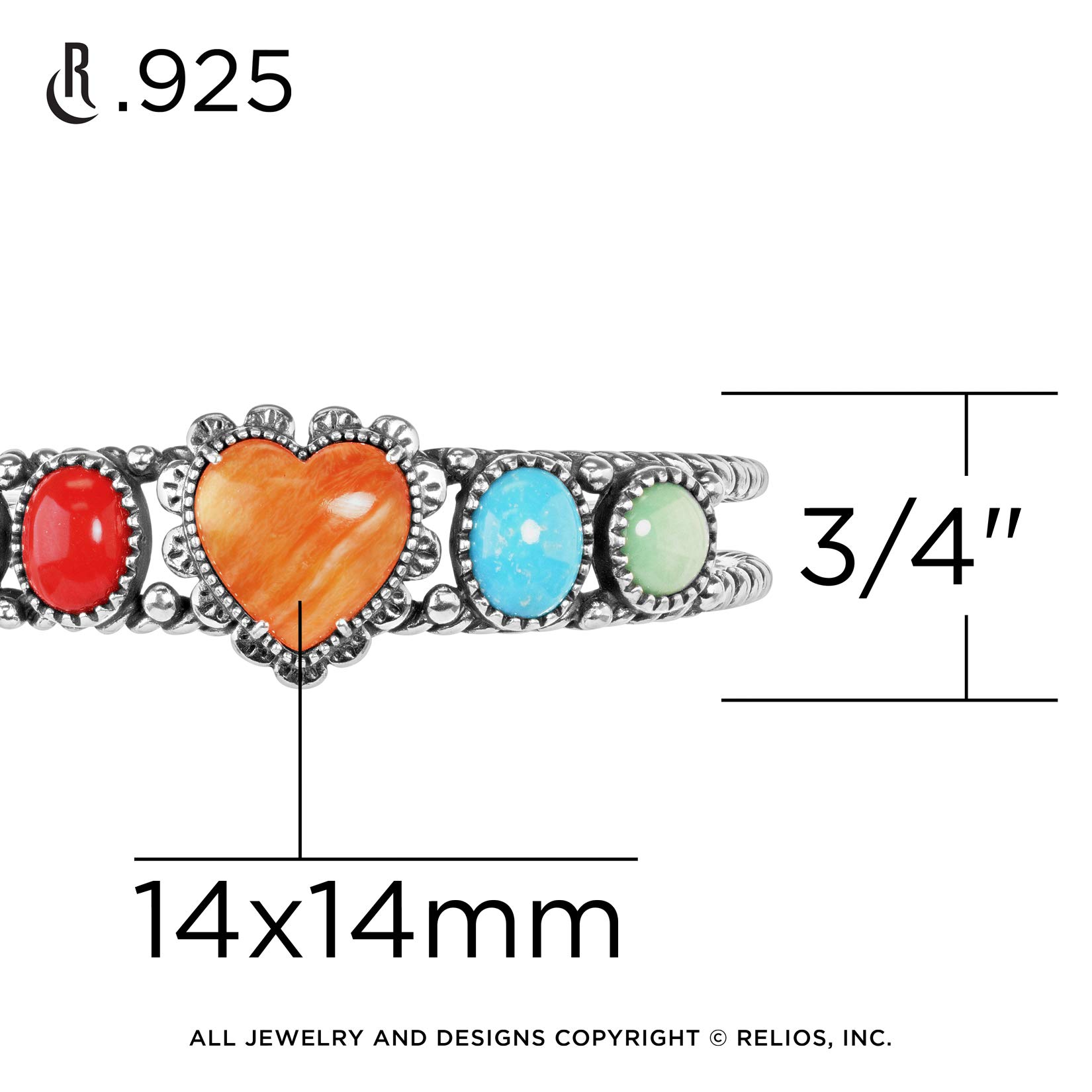 Sterling Multi-Color Gemstones and a Orange Spiny Heart 5-Stone Rope Cuff Bracelet Size L