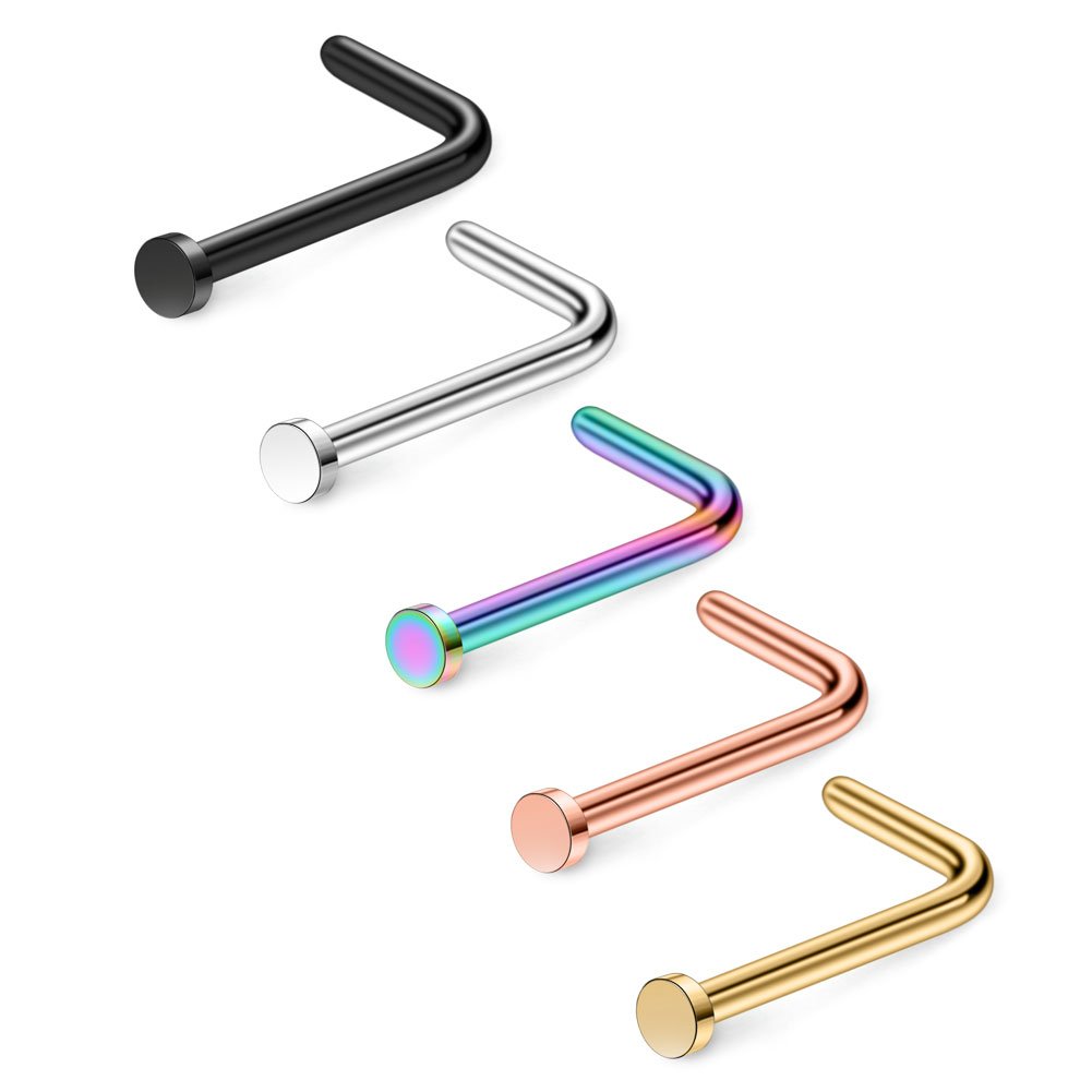 Ruifan 5PCS 18G Mix Color 316L Surgical Steel Nose L Shaped Studs Rings Curved Piercing Jewelry with 1.5mm Flat