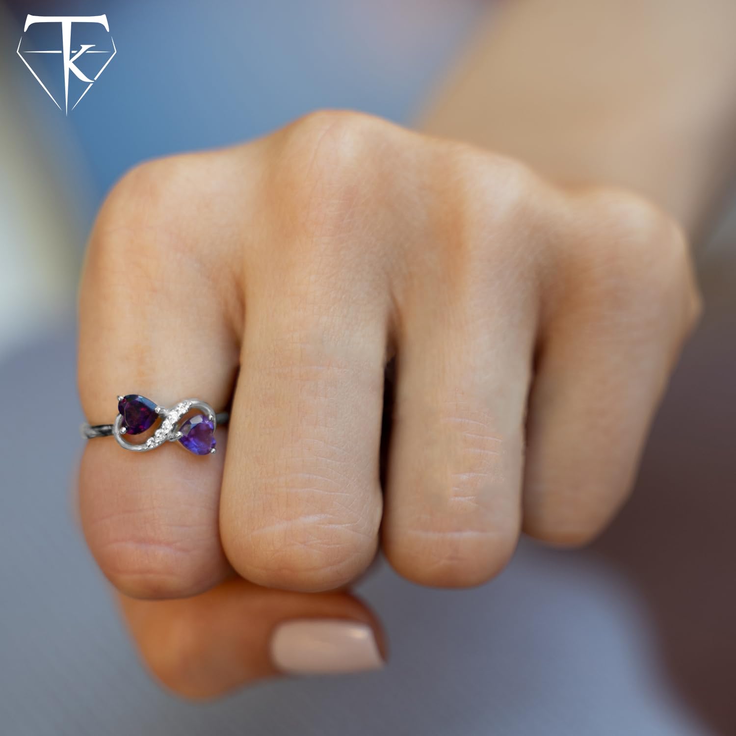 Takar 925 Sterling Silver Double Heart Amethyst And Diamond Infinity Ring, Birthstone Heart Ring, Amethyst Jewelry For Women Made In USA