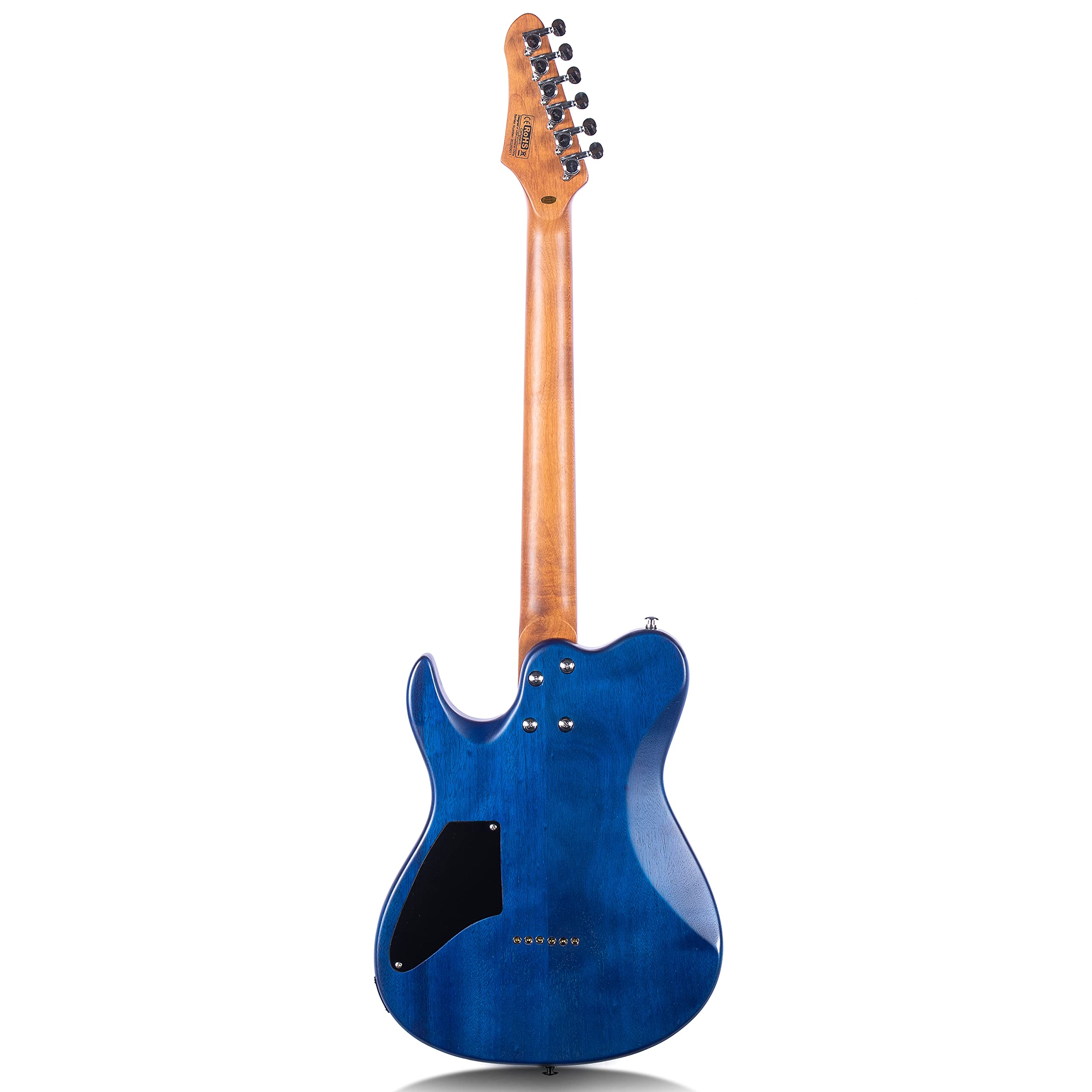 Volgoa VTL-2 Solid Body 6 String Electric Guitar, Roasted Maple Neck, Mahogany Body, Matte Burl Figure Veneer, and Coil Splitting Pickup (Blue)