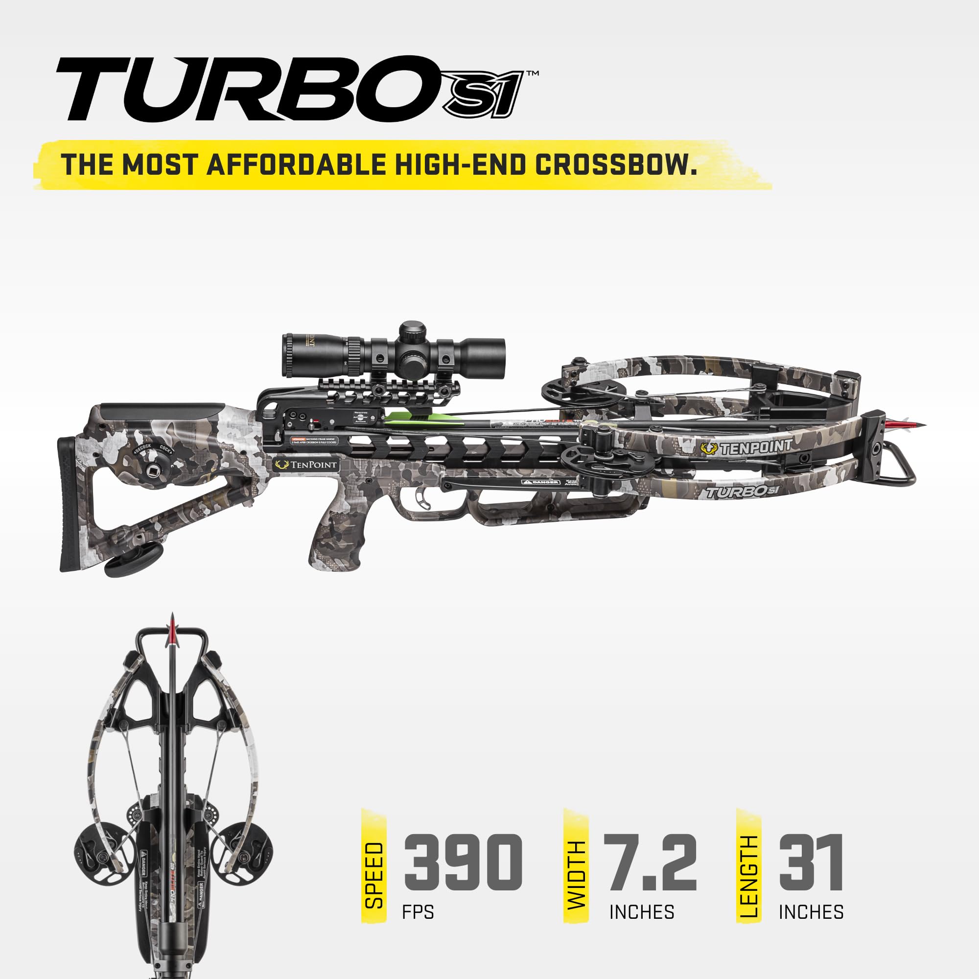 TenPoint Turbo S1 Crossbow, Vektra - 390 FPS - Equipped with RangeMaster Pro Variable Speed Scope + ACUslide Cocking & De-Cocking System - Lowest-Priced ACUslide Safe De-Cocking Crossbow