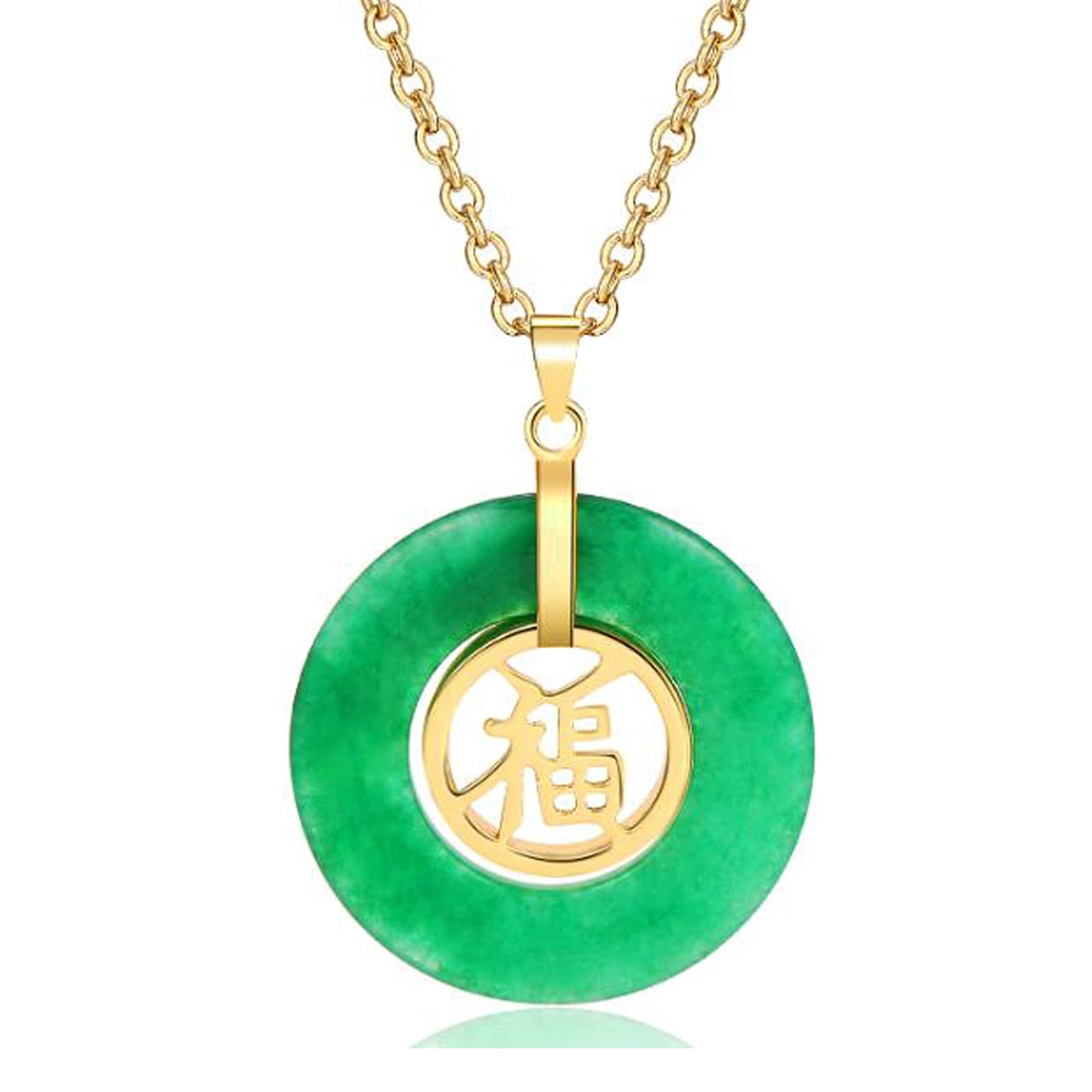 SERYNOW Natural Translucent Green Jadeite Pendant Necklace Jade Donut Circle Good Luck Chinese Fu Character Pendant Necklace (FU)