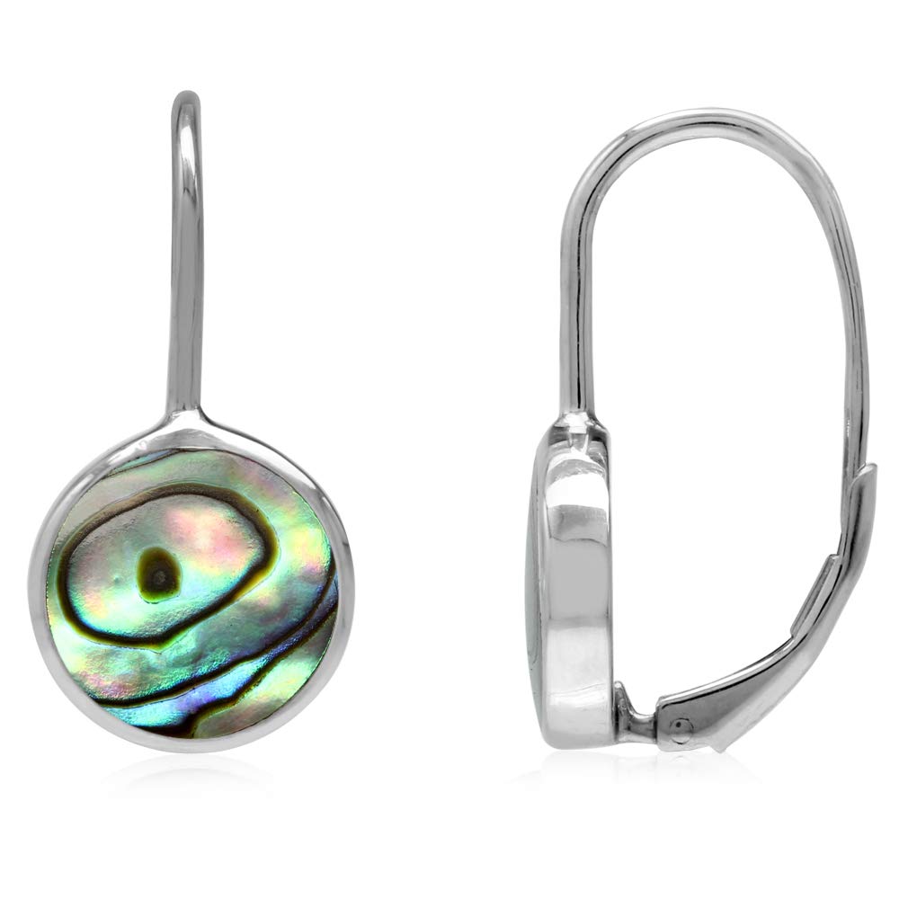 Silvershake 10MM Round Shape Abalone Paua Shell Inlay White Gold Plated 925 Sterling Silver Basic Leverback Dangle Earrings Jewelry for Women
