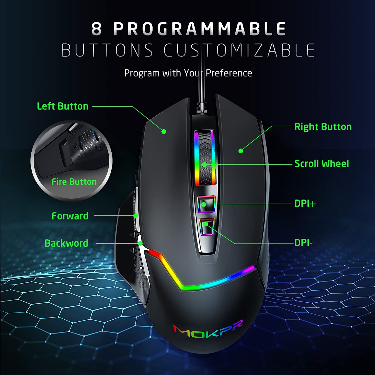 RGB Gaming Mouse Wired, 8000 DPI - 1000Hz Polling Rate - 8 Programmable Buttons - Mechanical Switches - Fire Button - 5 Adjustable DPI, Ergonomic USB Computer Gaming Mouse for Laptop PC Mac Work