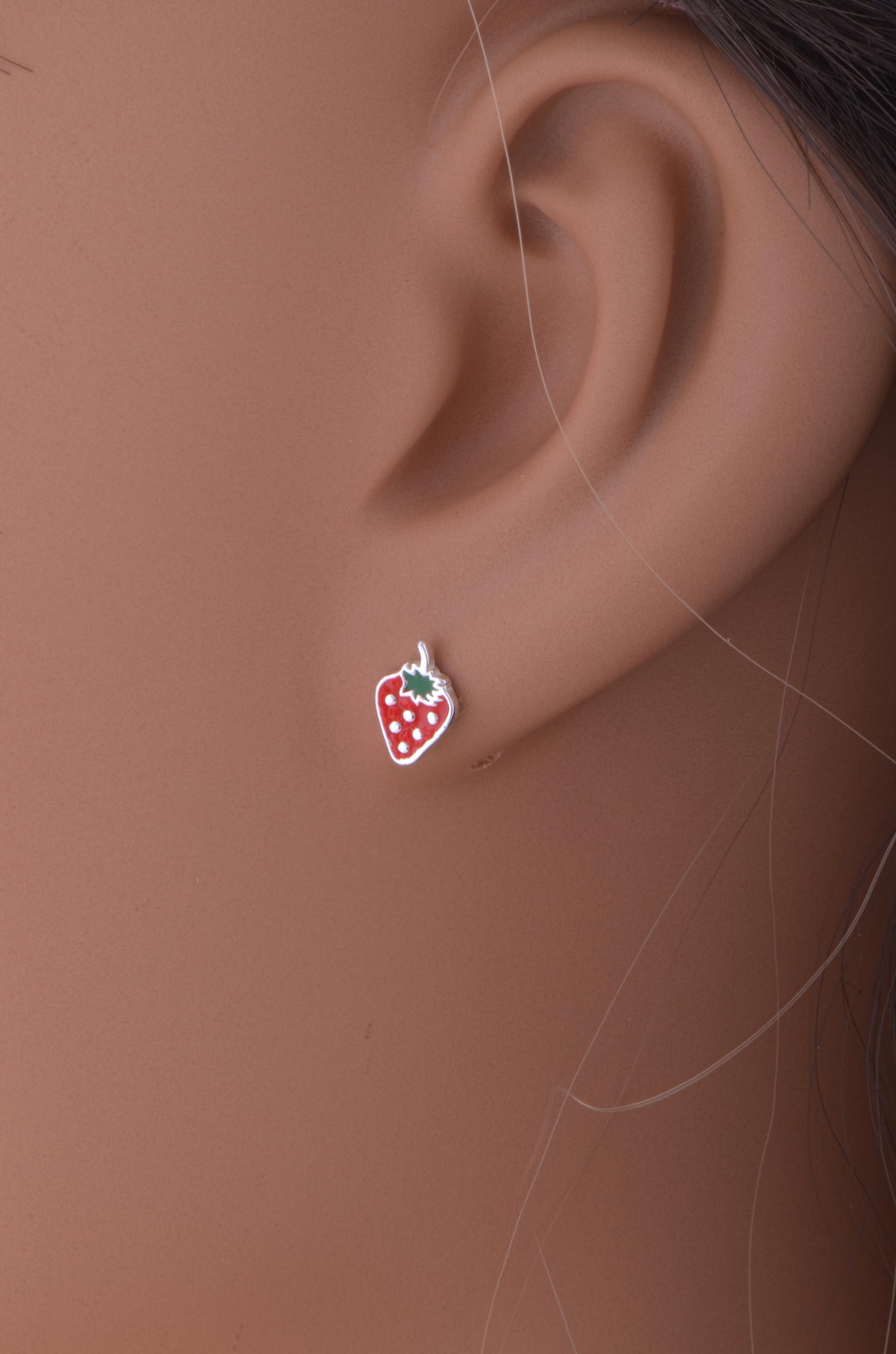 Sterling Silver Small Womens Fruit Red Strawberry Push Back Stud Earrings - Fruit Gifrts For Ladies Mom Wife 0.31in