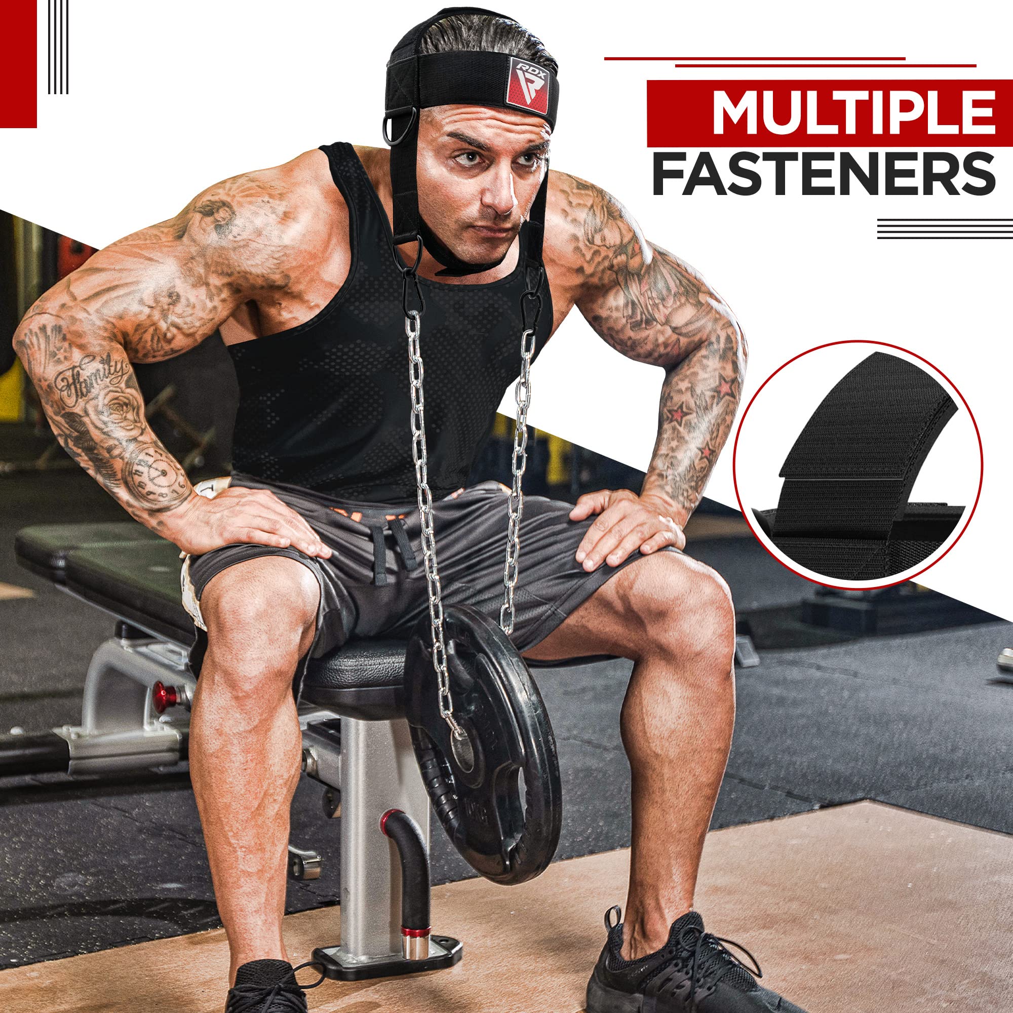 RDX Neck Harness Weight Lifting Training, Head Harness Exerciser, 90CM Long Adjustable Steel Chain, 4MM Padded Neck Builder, Gym Boxing Strength Resistance Workout, Strengthener Trainer Men Women