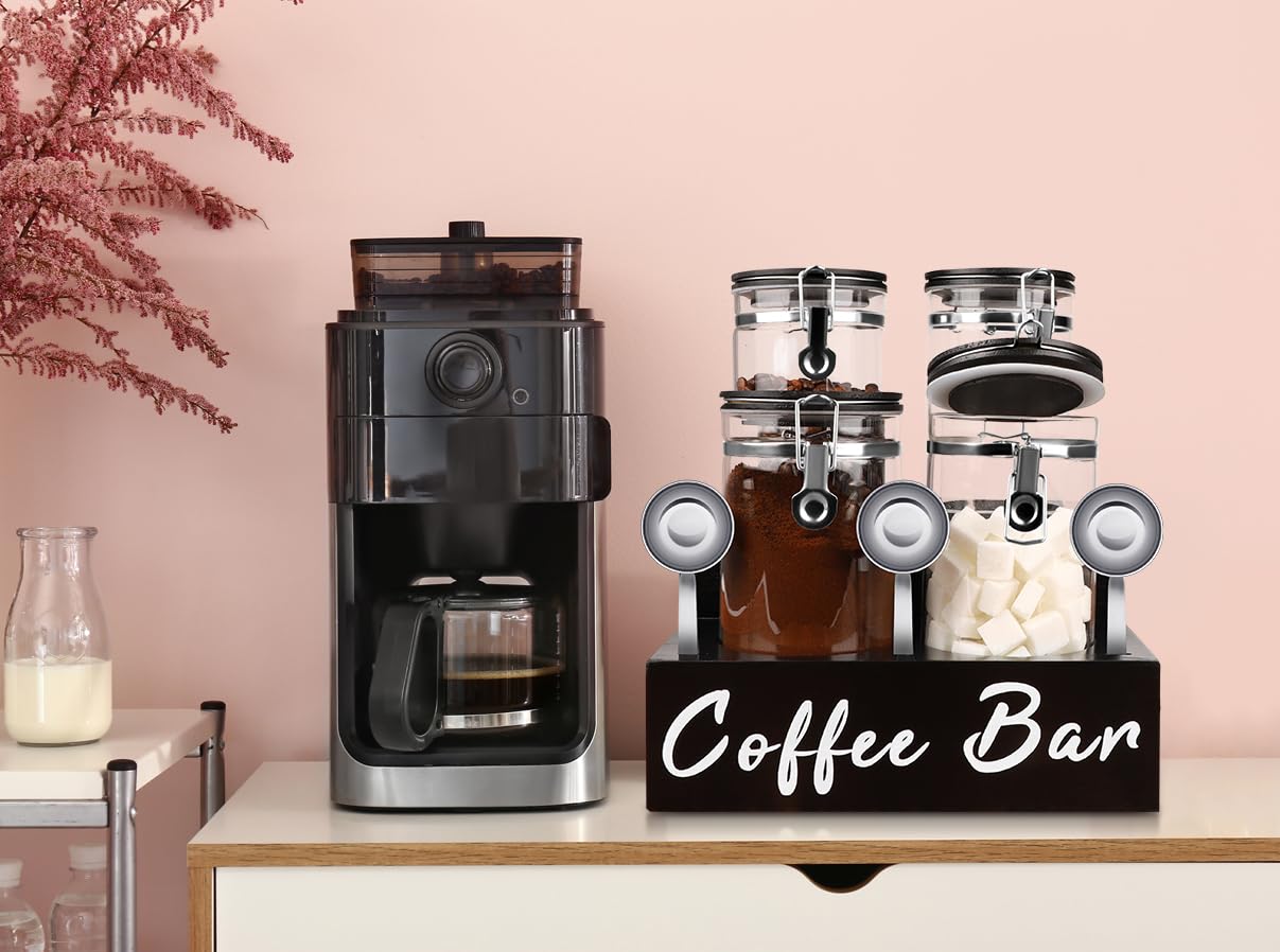 WYTAOHZL 2PCS Glass Coffee Containers with Shelf 54oz Coffee Station Organizer Glass Coffee Bean Storage with Spoon Coffee Canister Set Jars with Airtight Locking Clamp for Coffee Bean Ground Nuts