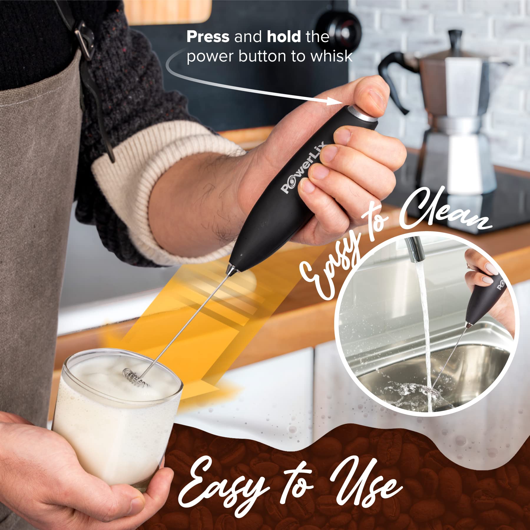 PowerLix Milk Frother Handheld Battery Operated Electric Whisk Beater Foam Maker For Coffee, Latte, Cappuccino, Hot Chocolate, Durable Mini Drink Mixer Without Stand Black