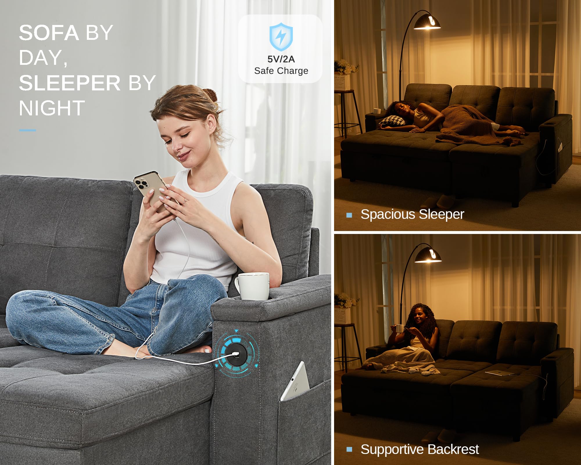 PaPaJet 84 Inch Sleeper Sofa Bed, Tufted Pull Out Sofa Bed with 2 USB Ports & Cup Holders, L Shape Sectional Sofa Bed with Storage Chaise- Dark Grey
