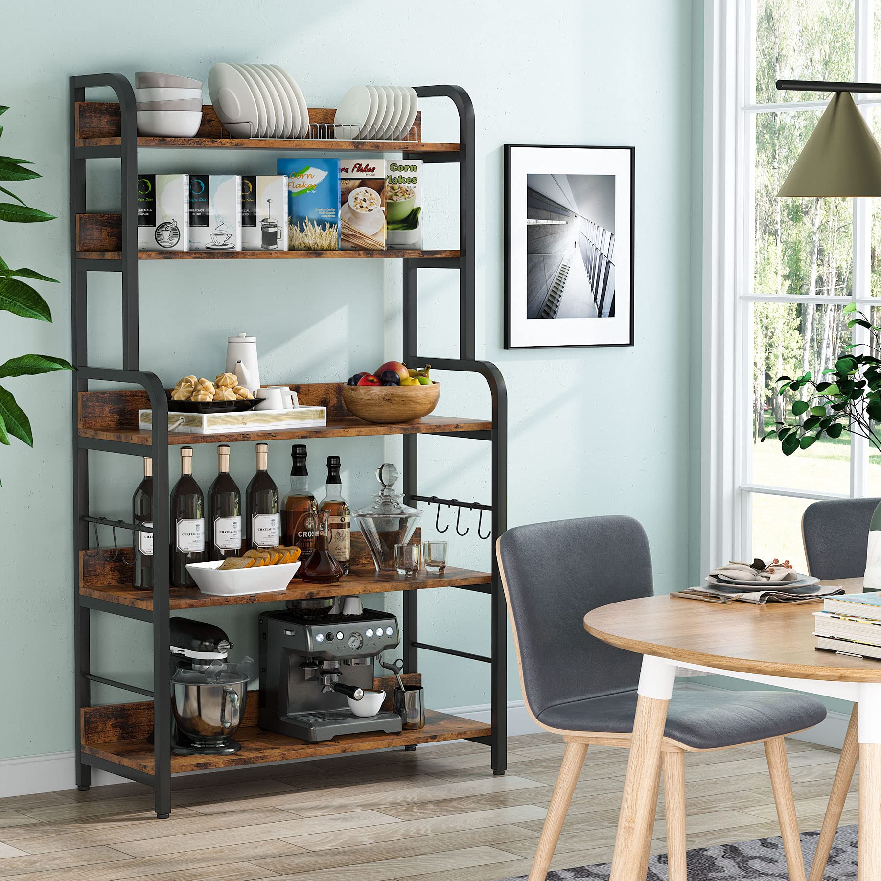Tribesigns Industrial Kitchen Baker’s Rack with 6 Hooks, 5-Tier Utility Cart Storage Shelf, Microwave Oven Stand Rack, Floor Standing Spice Rack Organizer Workstation, Brown