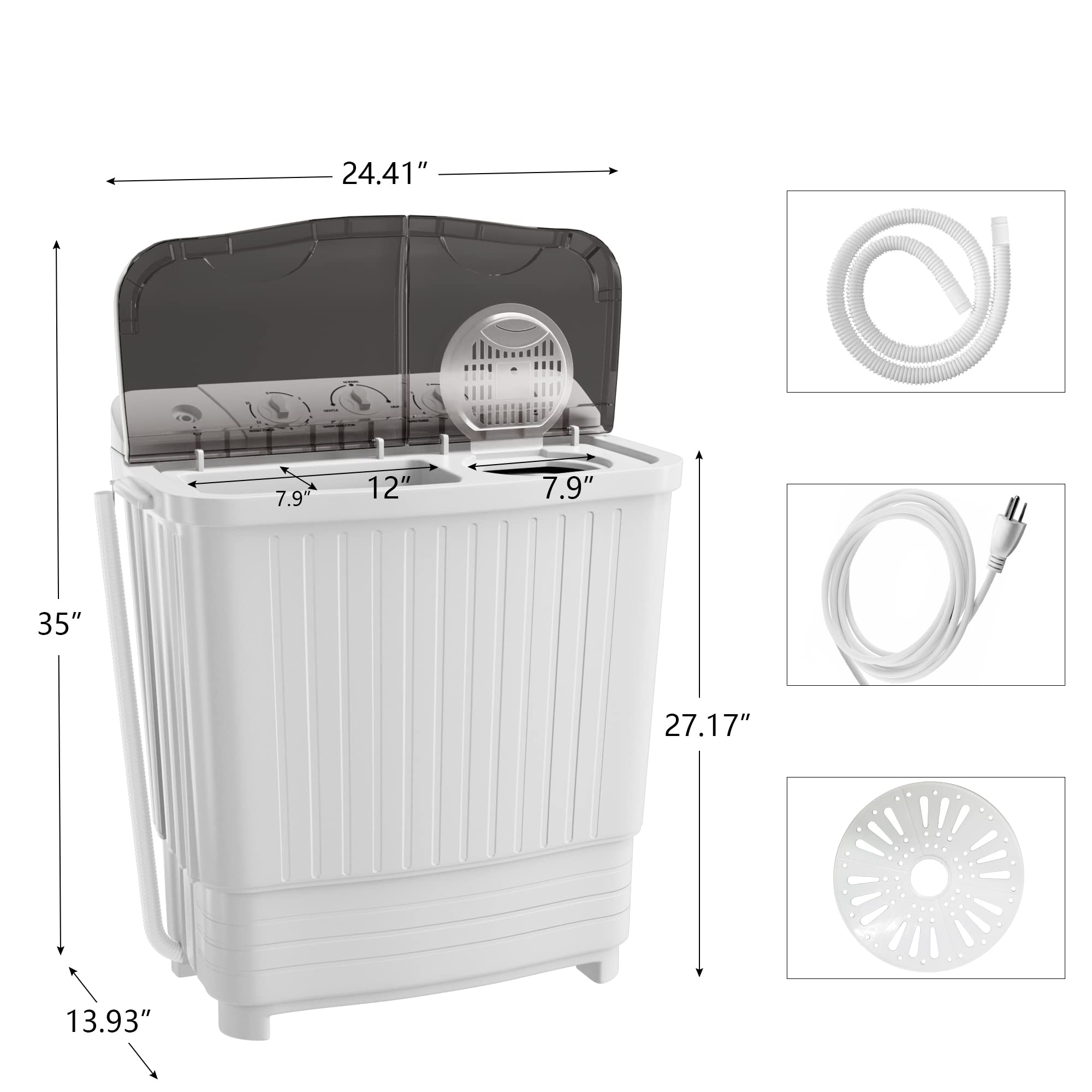 Portable Washing Machine, 2-in-1 Twin Tub 26 lbs Capacity Washer and Spinner with Control Knobs, Timer Function, Drain Pump, Compact Laundry washer for Home Apartment RV, Black