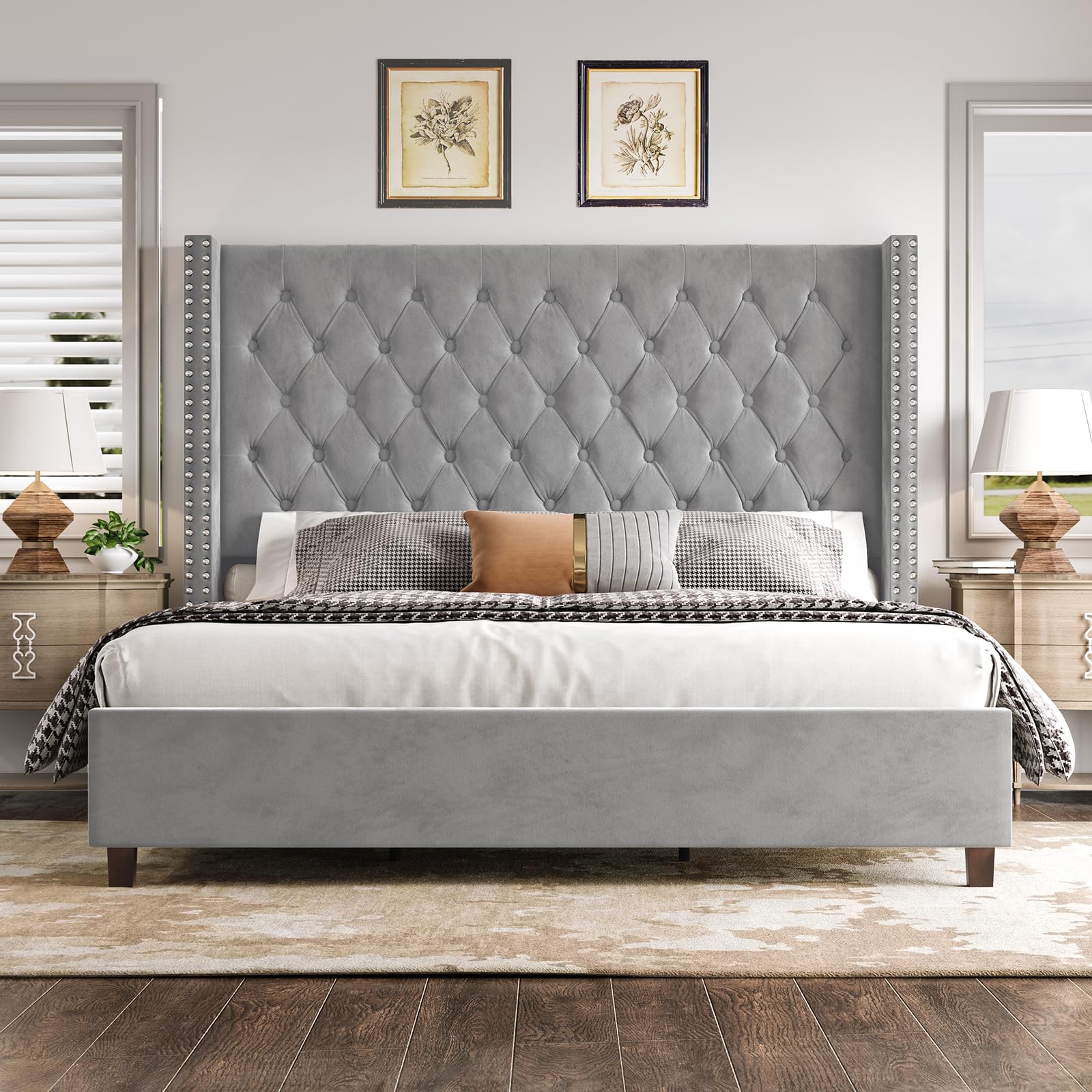 PaPaJet King Size Bed Frame 61.4" Tall Headboard Upholstered Velvet Platform Bed with Handmade Deep Button Tufted/No Box Spring Required/Grey