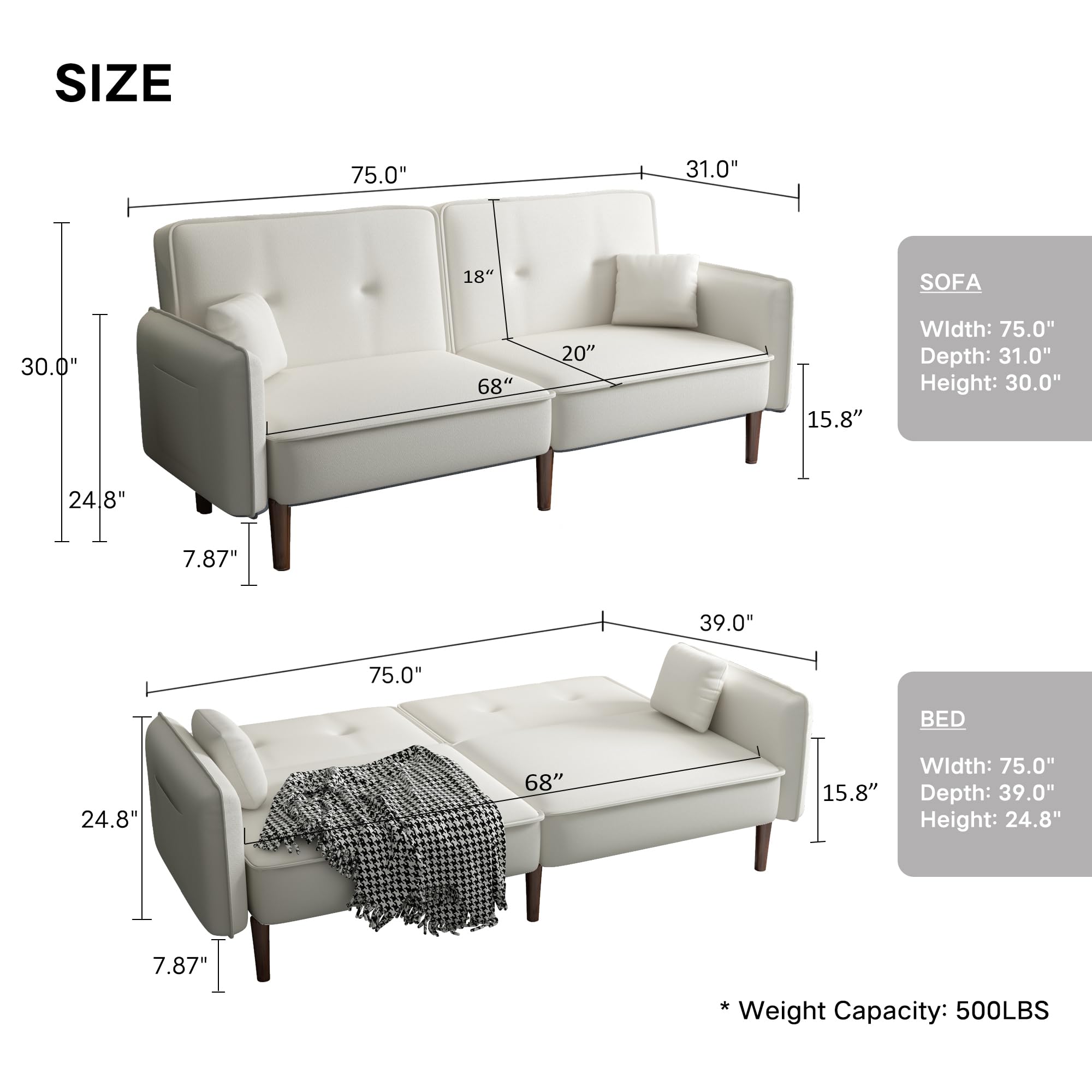 POCIYIHOME Leisure Adjustable Back, Convertible Couch Chaise with 2 Pockets, Upholstered Loveseat with 2 Pillows, 2 Seater Sleeper Living Room, White, 75" Velvet Futon Sofa Bed