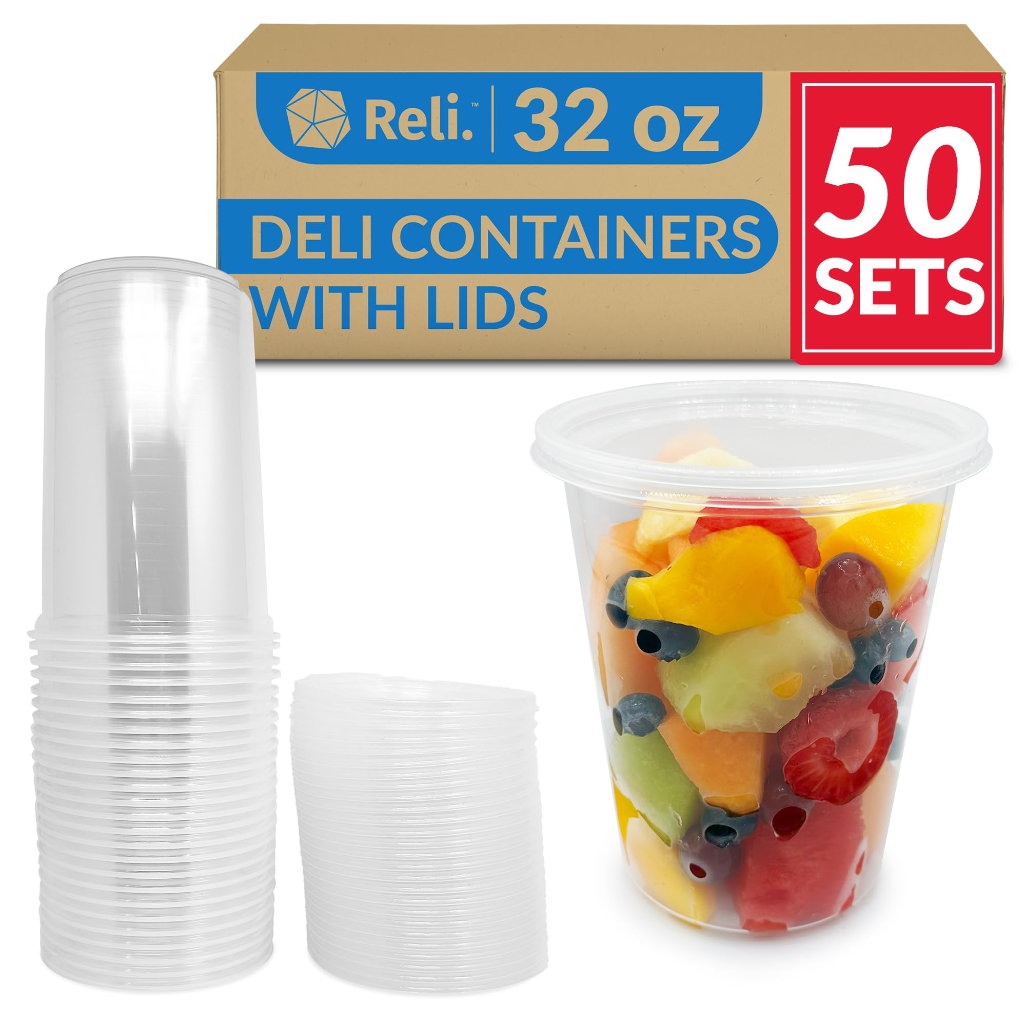 Reli. Deli Containers with Lids (50 Sets), 32 oz | Plastic Deli Containers with Lids 32oz | Clear Soup Containers with Lids, Disposable | To Go Food Storage Containers | Microwave & Freezer Safe