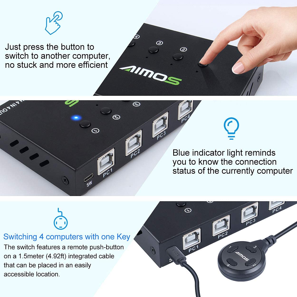 USB Switch Selector 4 Port, AIMOS USB KVM Switcher 4 Computers Sharing 4 USB Devices One-Button Swapping, for Share Mouse, Keyboard, Printer, Scanner, with 4 USB Cables