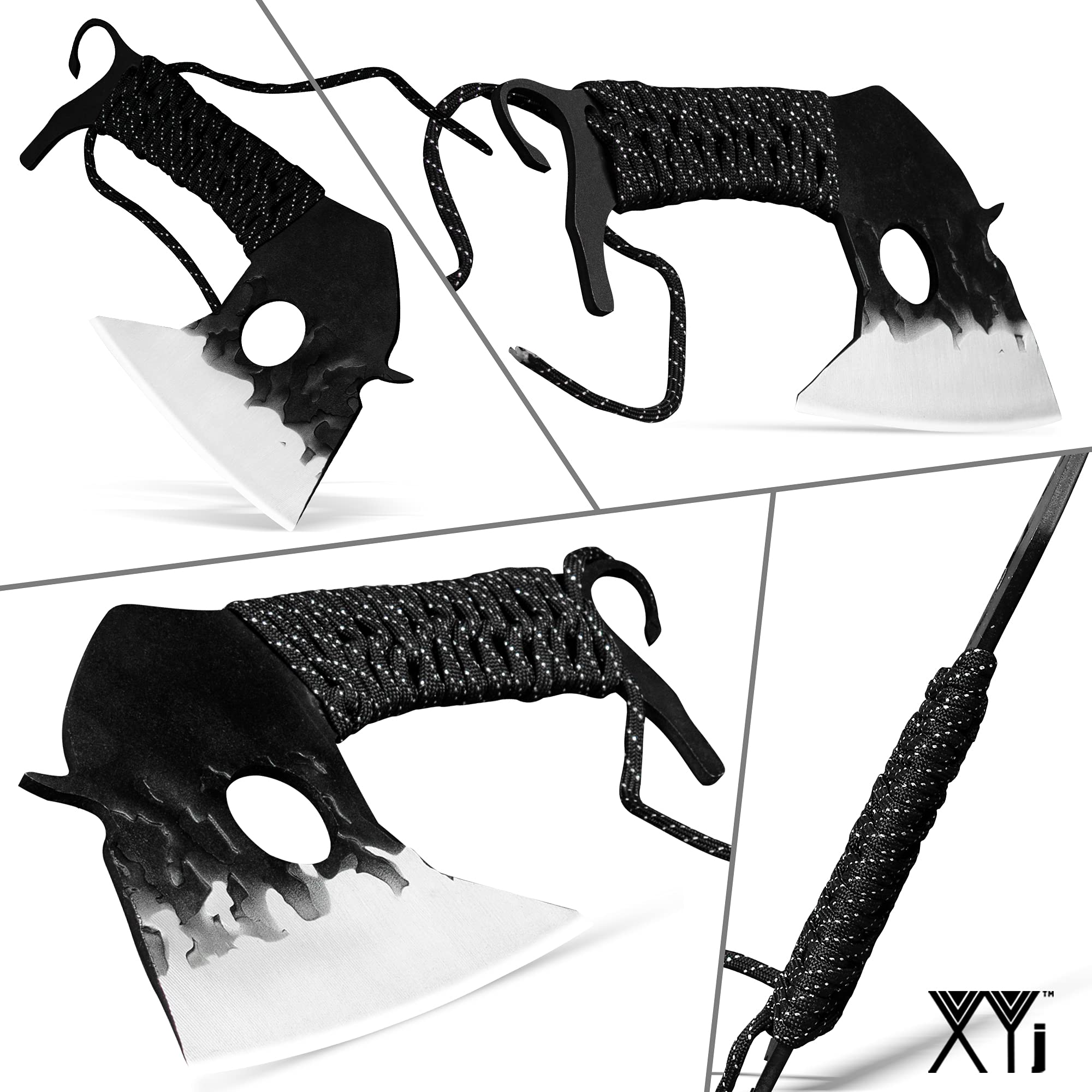 XYJ 5 Inch Survival Axe Camping Hatchet Razor Sharp Bull Knife Stainless Steel Fixed Blade Full Tang Cord Wrap Handle Outdoor Hunting Bushcraft Knives Multitool For Men