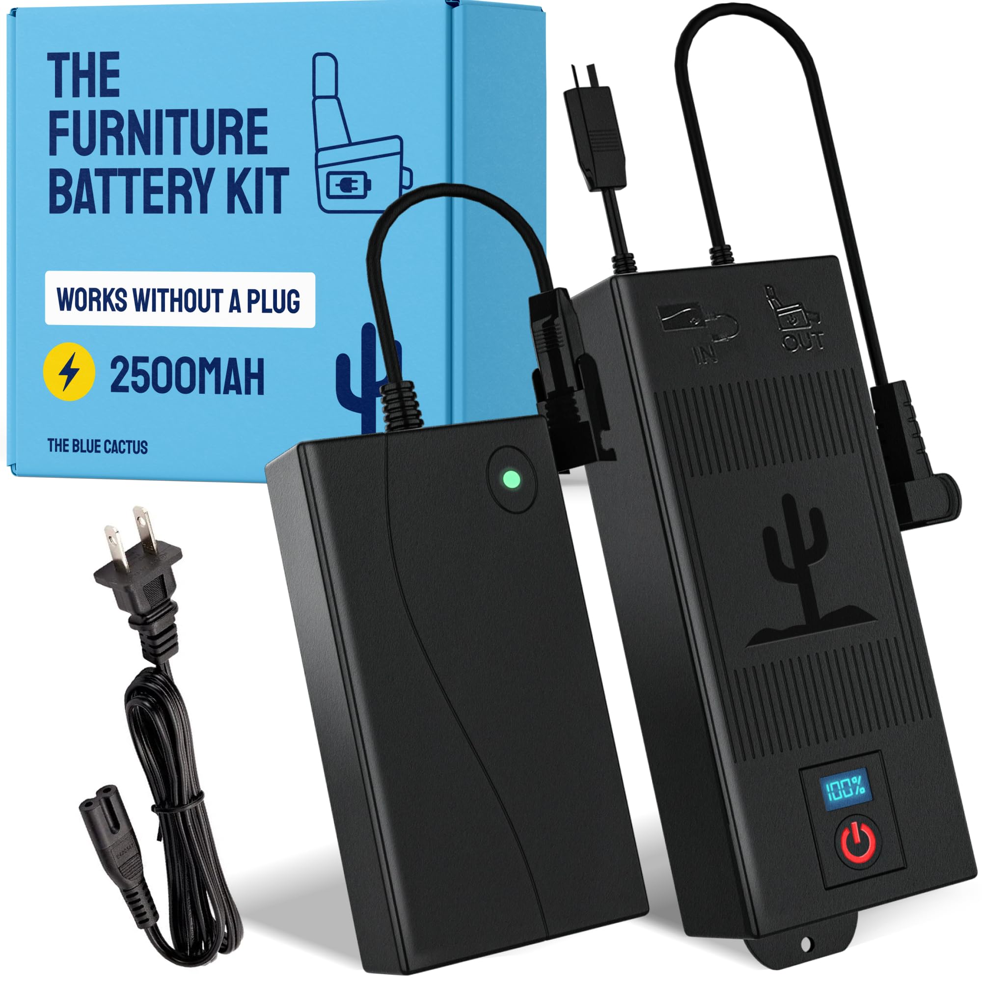 The Blue Cactus Universal Battery Pack for Reclining Furniture with LCD Display- Wireless 2500mAh Rechargeable Battery for Electric Recliner, Power Sofa, Couch, Lift Chair- Fits 2-Pin Motion Furniture