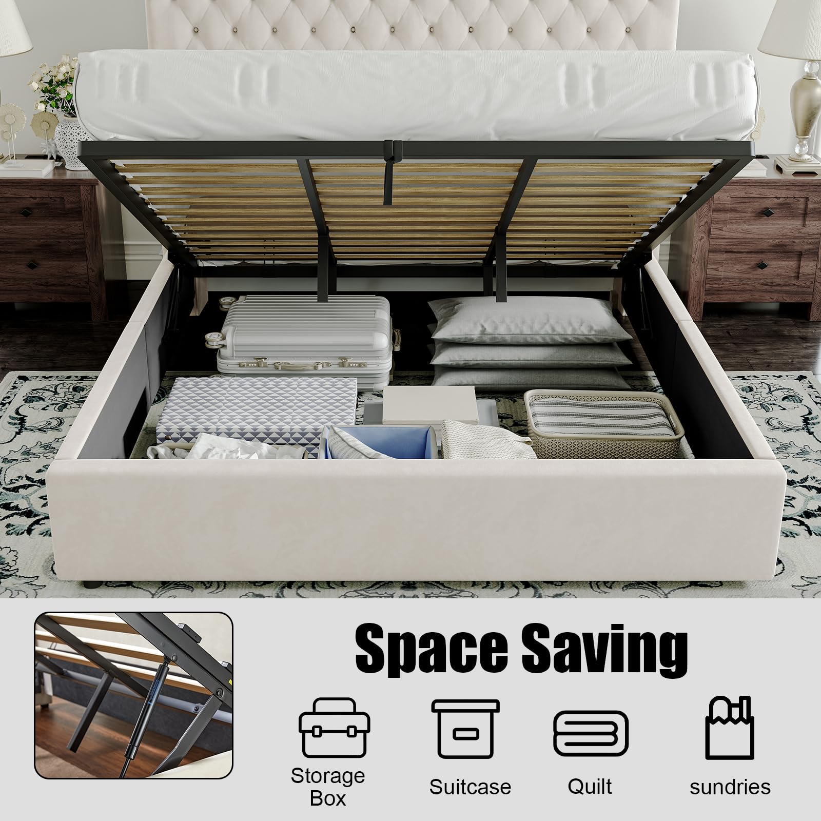 PaPaJet Lift Up Storage Bed King Size Bed Frame with Headboard Upholsterd Sleigh Bed Storage Underneath/No Box Spring Needed/Easy Assembly/Cream
