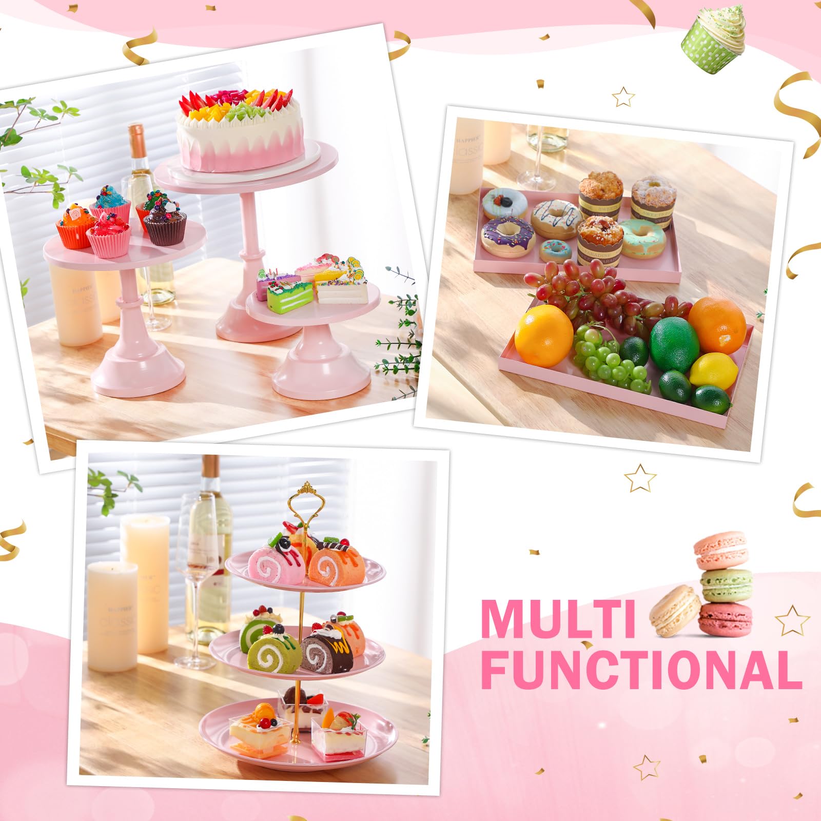 Tioncy 7 Pcs Cake Stand Set Metal Cupcake Holder Dessert Table Display Cupcake Display Plate Serving Platter Dessert Table Stands and Trays Set for Baby Shower Wedding Birthday Xmas Party (Pink)