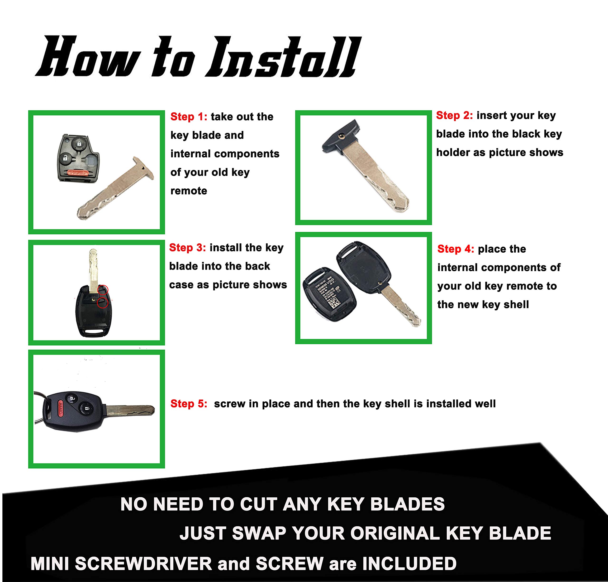 Replacement Key Fob Shell Fit for Honda Accord Crosstour Civic Odyssey CR-V CR-Z Fit 3 Buttons Keyless Entry Remote Case Car Key Housing (Casing Only)
