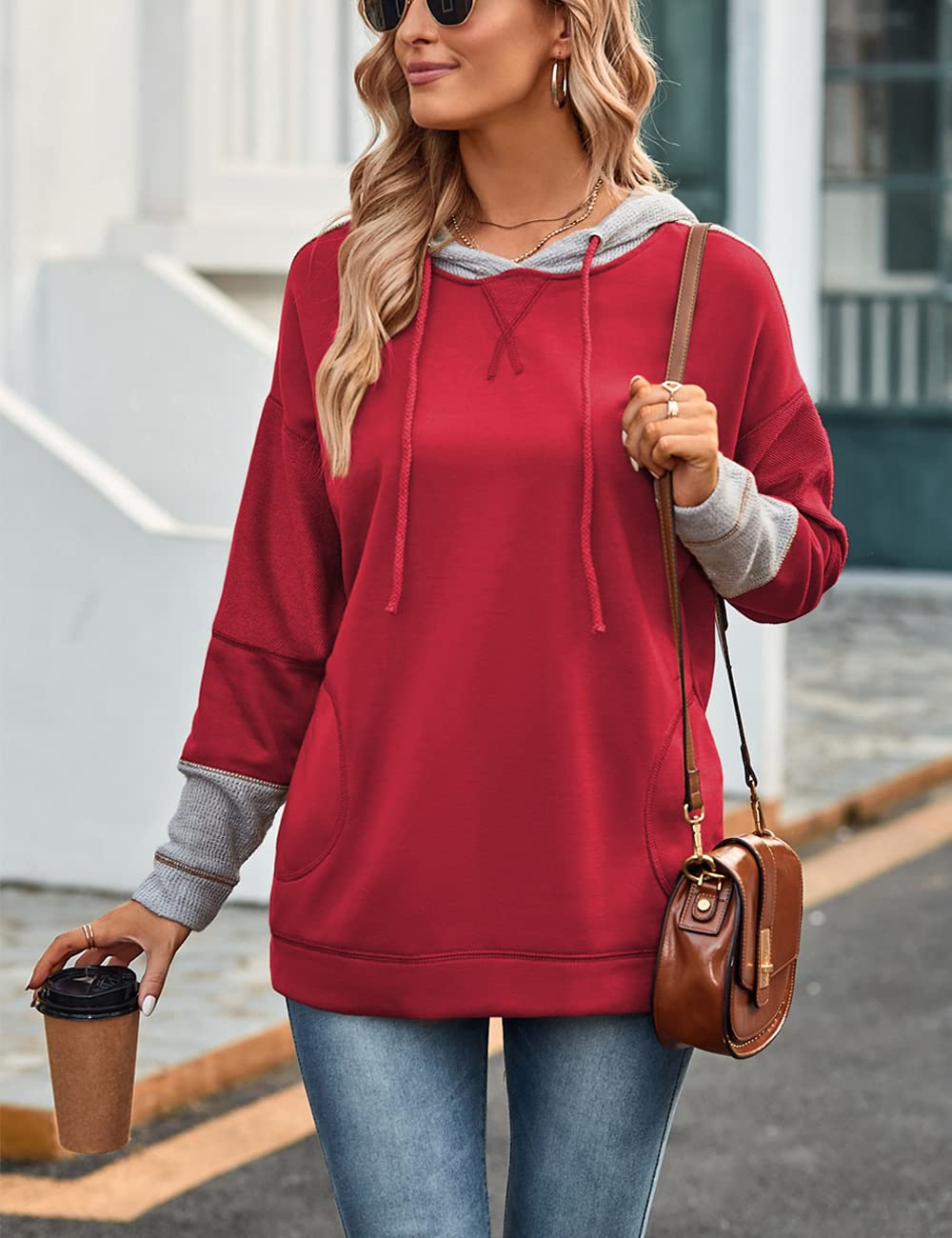 SEBOWEL Women's Fashion Long Sleeve Colorblock Pullover Hoodies Sweatshirts Red XXL