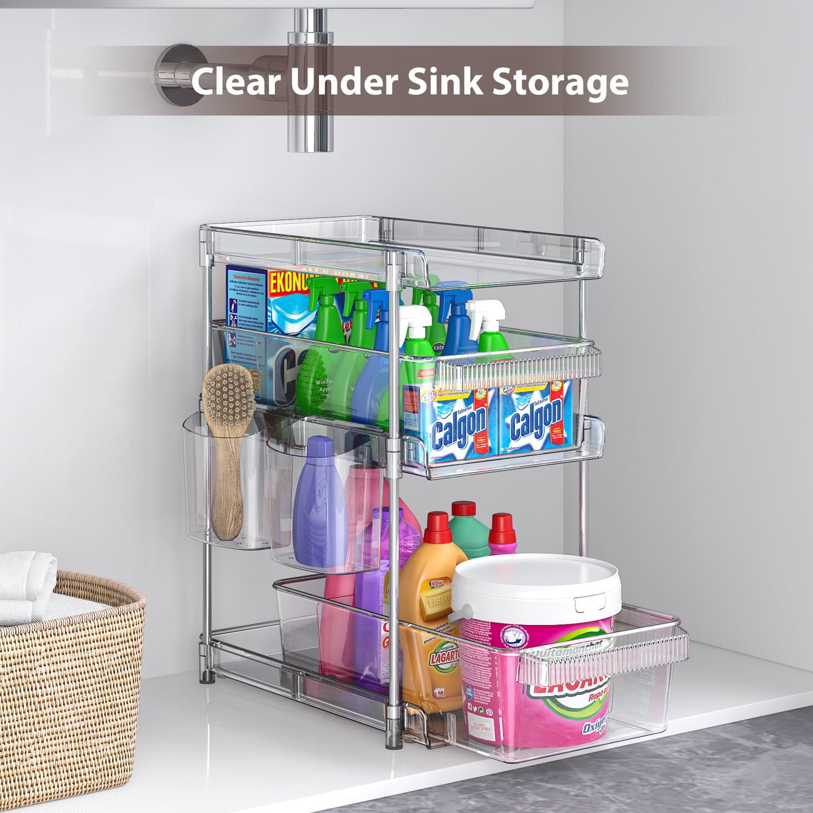 WAKISA Clear Bathroom Organizers 3 Tier, Pull Out Organizer and Storage with 2 Cups, Slide Out Drawer Storage Container with 6 Dividers, Multi-Purpose Bathroom Organizer, Kitchen Under Sink Organizer