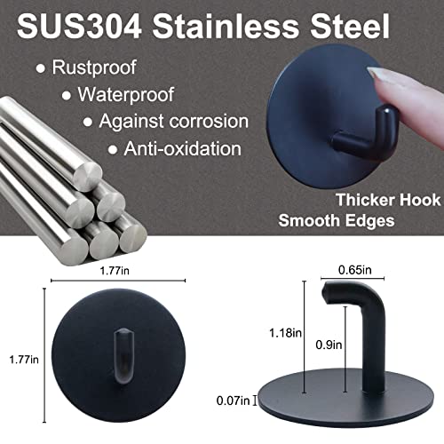 Yukrilt Black Adhesive Hooks - 8 Pack 15lb(Max) Sticky Wall Hooks for Hanging, Waterproof Rustproof Removable Stainless Steel Towel Hooks, Bathroom Kitchen Shower Heavy Duty Self Adhesive Hooks