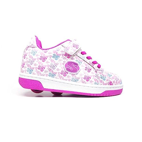 Proskate K-Speed 2 Wheels Skate Sneakers (White, Fuschia, Roses, us_Footwear_Size_System, Little_Kid, Numeric, Medium, Numeric_1)