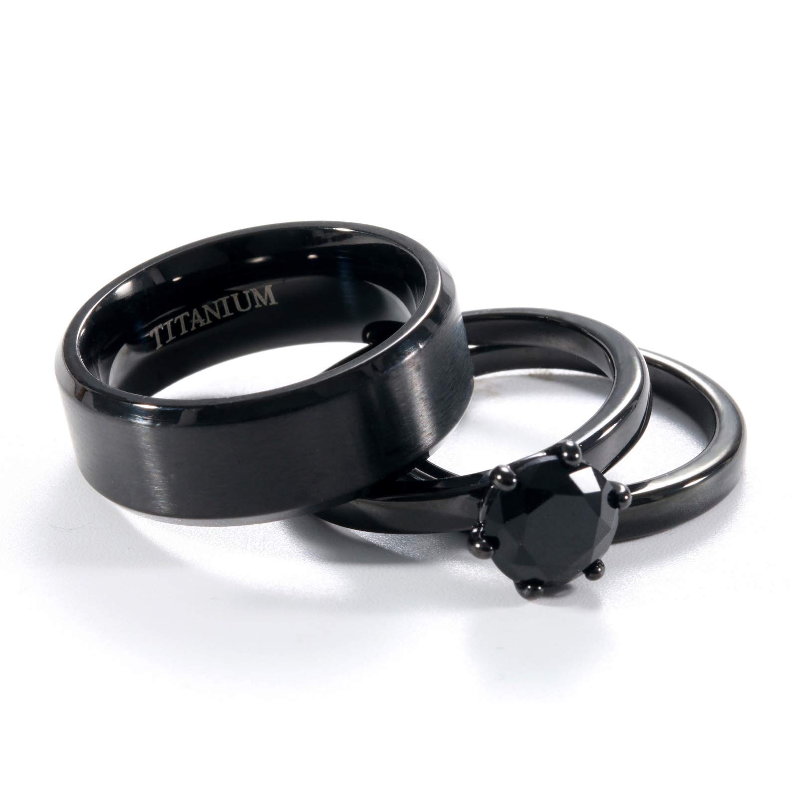 Ringcrown 2 Rings Couple Rings Bridal Sets Black Cz Womens Wedding Ring Sets Titanium Steel Man Wedding Bands