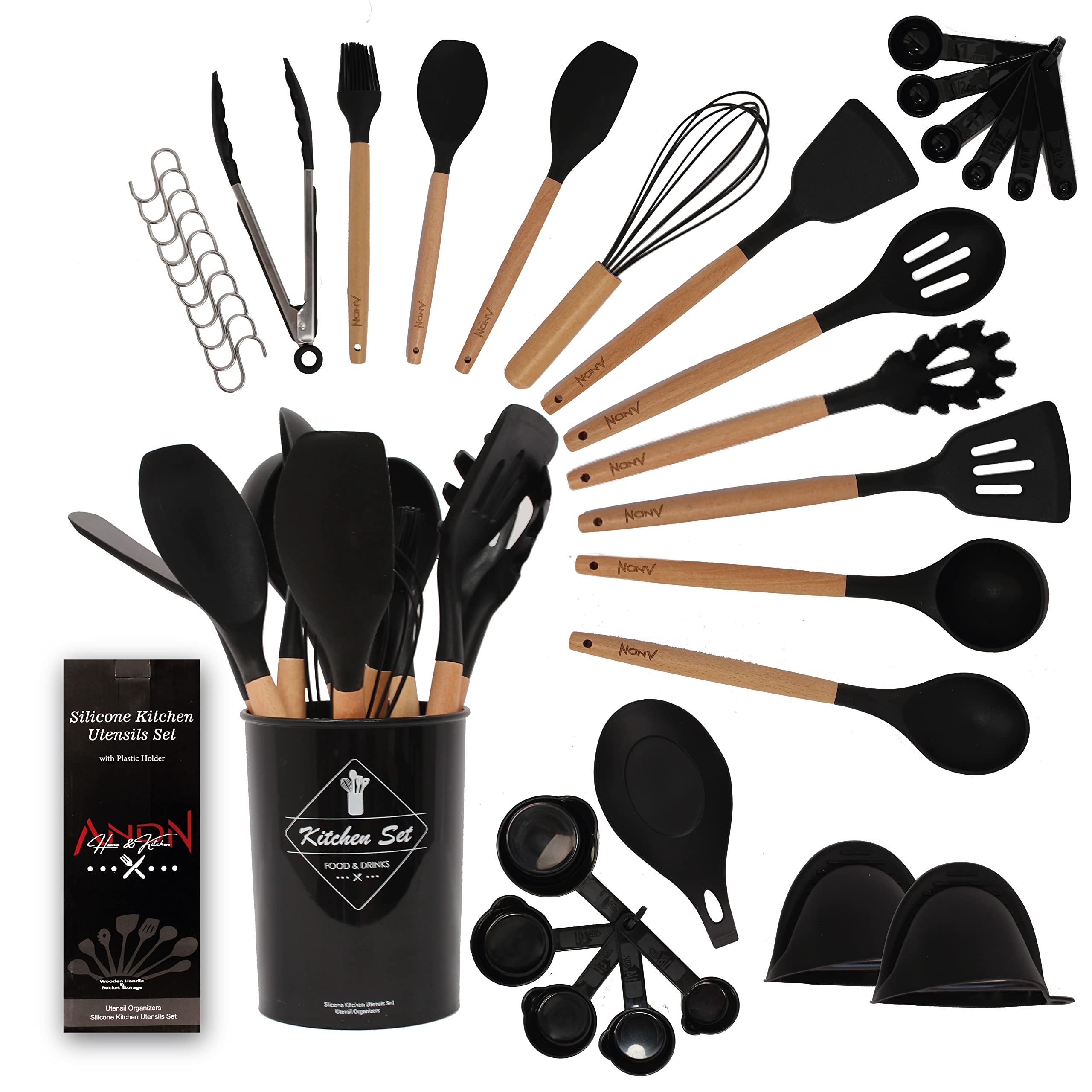 Premium 35-Piece Food Grade Silicone Kitchen Utensils Set | Nonstick Cooking Tools with Free Silicone Handles | Stylish Black Cookware Collection | BPA Free- Black