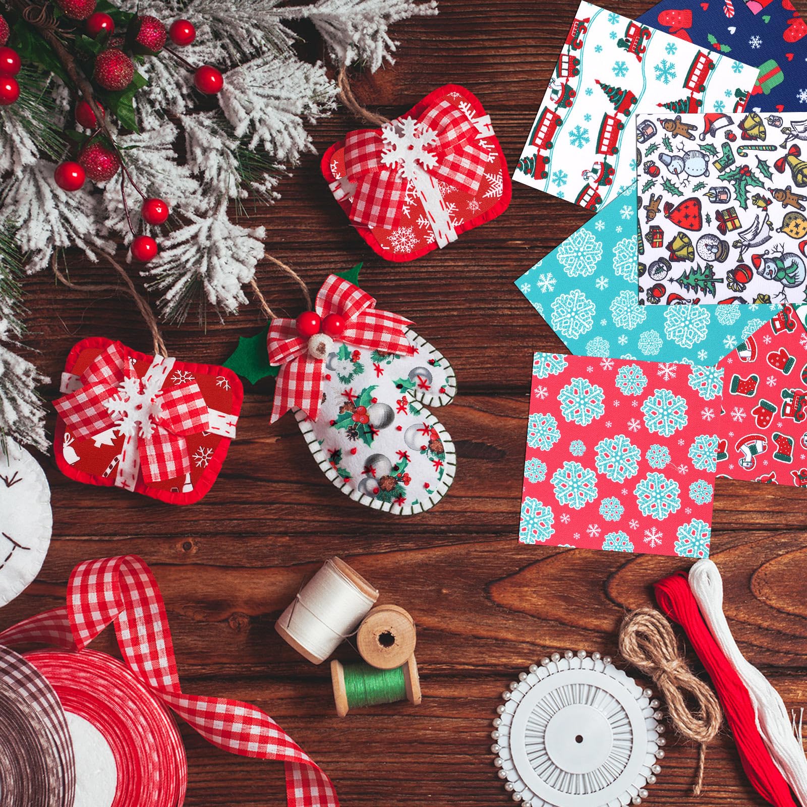 Preboun 100 Pcs 5 x 5 Inches Christmas Fabric Square Quilting Fabric Squares Bundle Sewing 25 Different Christmas Patterns Precut Polyester Patchwork for DIY Christmas Sewing Crafting Supplies