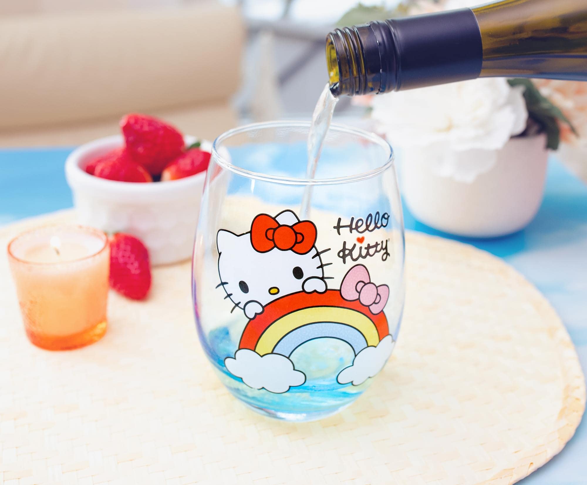 Toynk Sanrio Hello Kitty Rainbow Peek Stemless Wine Glass, Tumbler Cup For Cocktails | Holds 20 Ounces