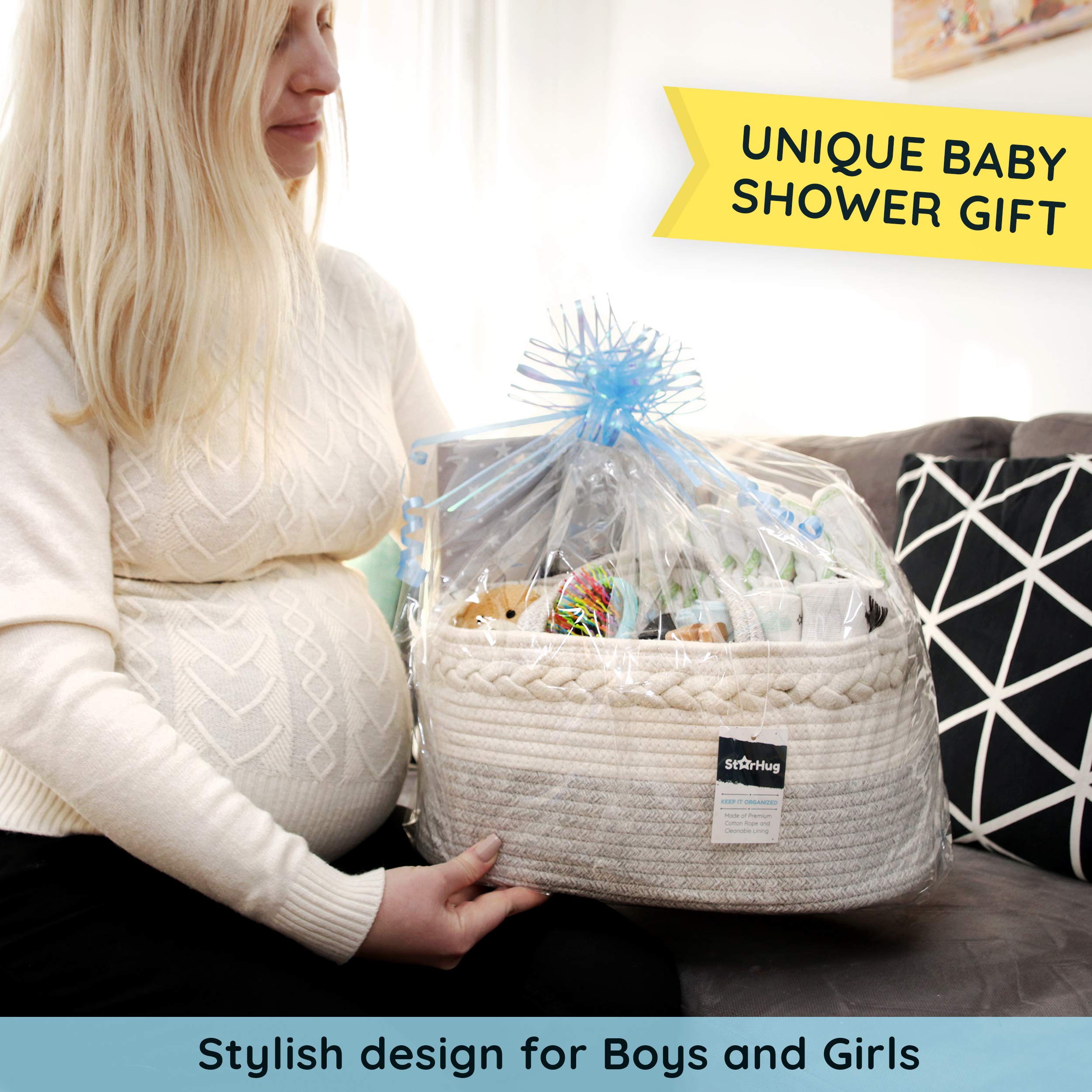 StarHug Baby Diaper Caddy Organizer β Baby Shower Basket with 2 Inner Pockets, Cleanable Interior, 100% Cotton Rope, Eco-Friendly, Large