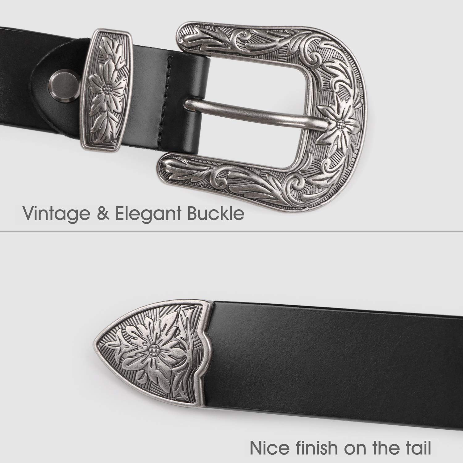SUOSDEY Western Belts for Women Black Leather Belts for Jeans Dresses with Retro Double Buckle