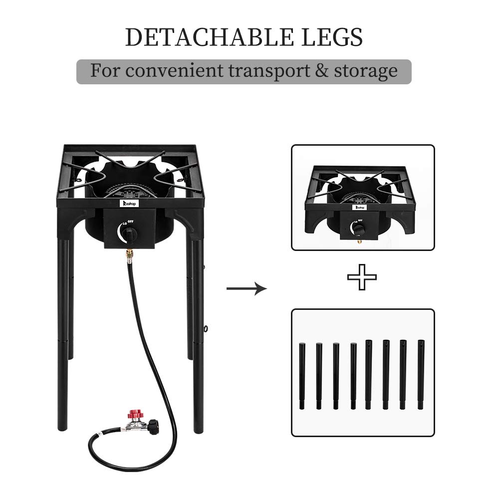 Zokop Portable Camp Stove Adjustable Single Gas Burner with Detachable Legs, Cast Iron, Black (Black)