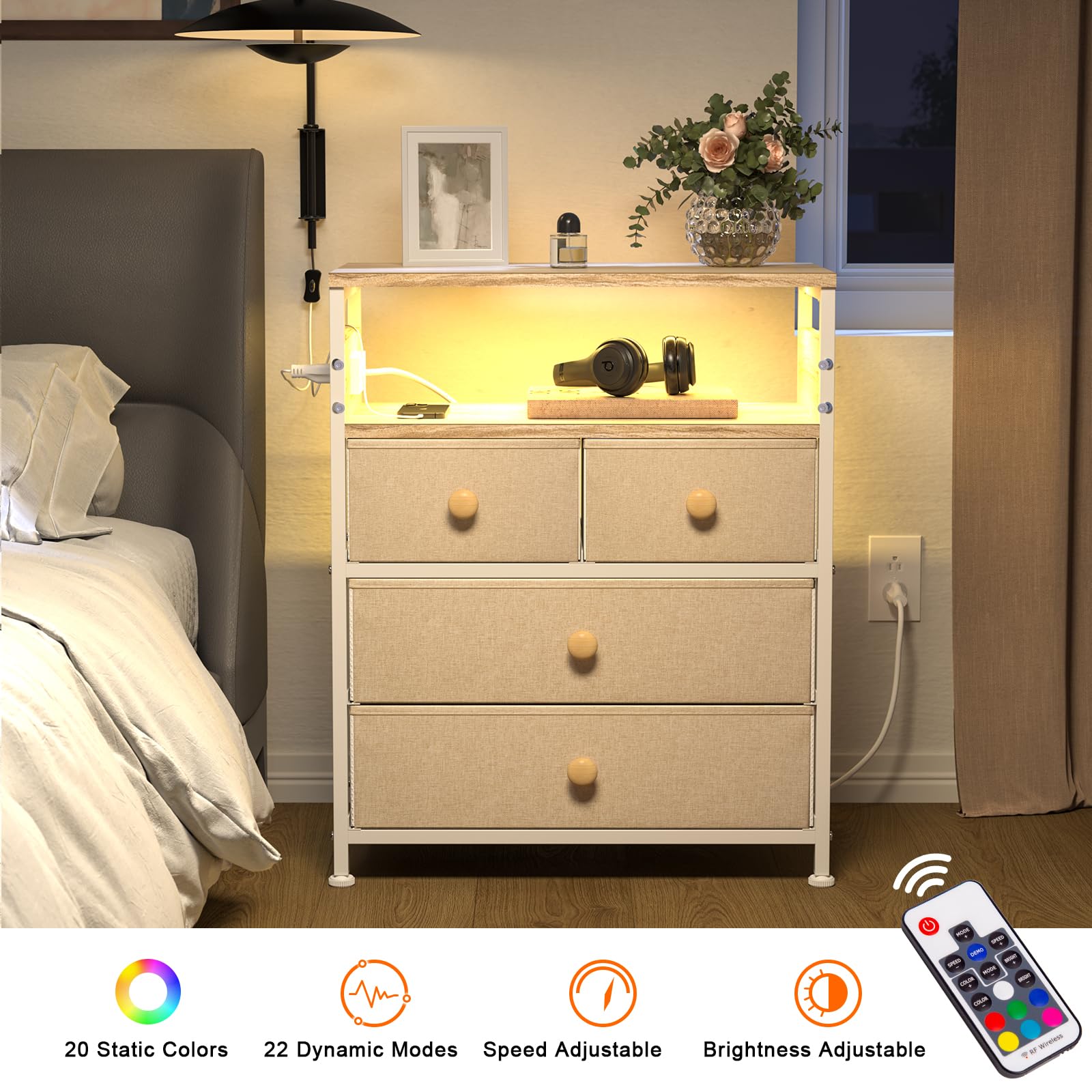 REAHOME Nightstand with Charging Station, Bedside Table with 4 Drawers and 2-Tier Shelf, Modern End Table with Wooden Top for Bedroom, Living Room, Hallway-Rustic Brown
