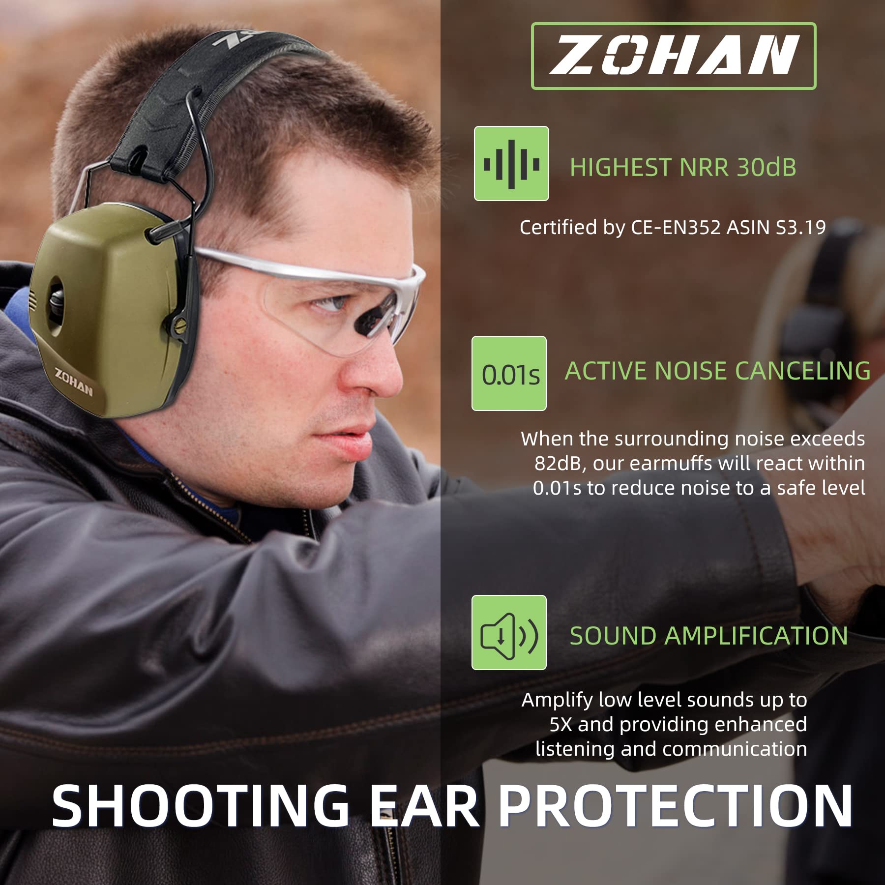 ZOHAN EM056 + EM028 Shooting Ear Protection Earmuff, Hearing Protection Noise Reduction for Gun Range, Hunting