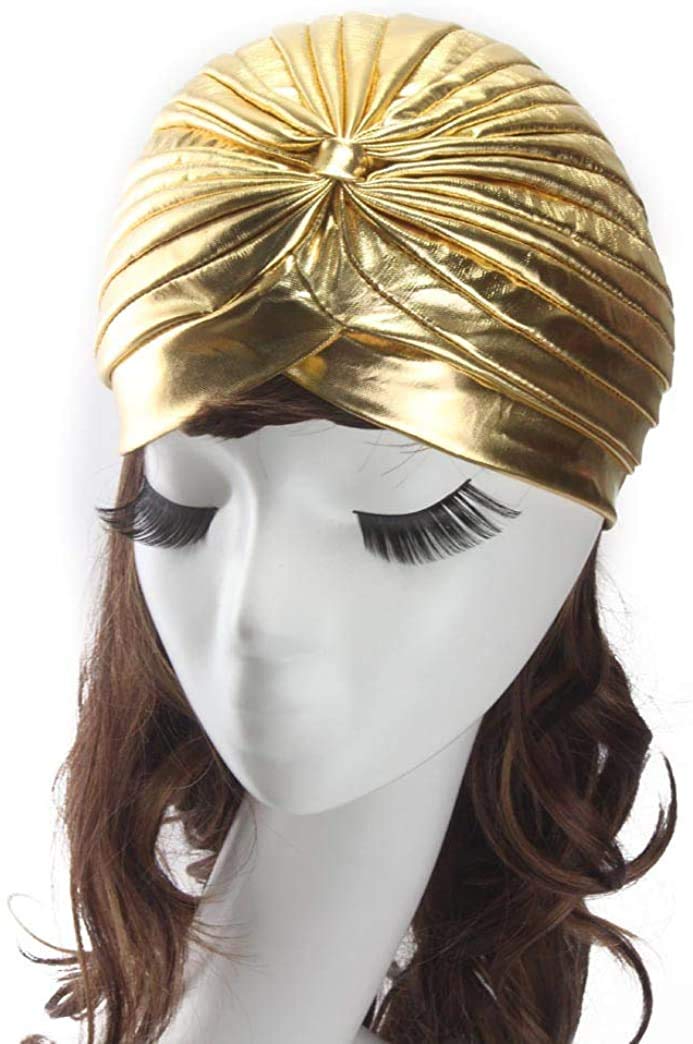 Unisex Turban Hat, Vintage Polyester Pleated Head Wrap Headband Cross Twist Arab Hair Wrap Chemo Turban Headwear Gold