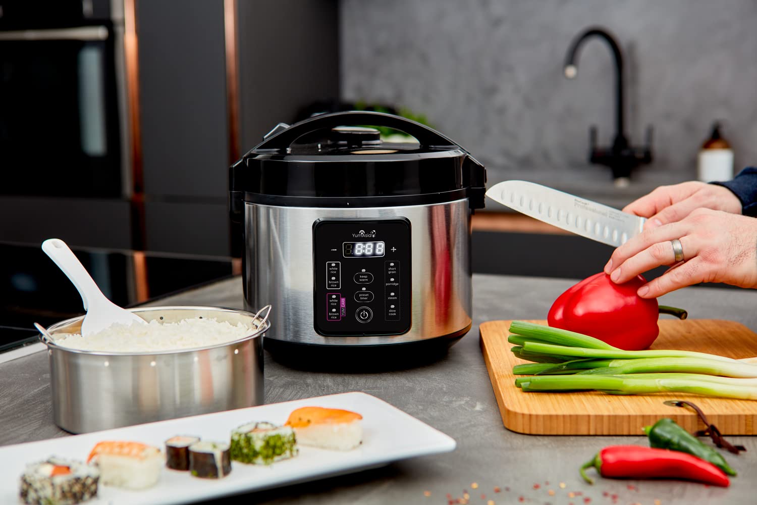 Yum Asia Kumo YumCarb Rice Cooker with Ceramic Bowl and Advanced Fuzzy Logic, (5.5 Cups, 1 Litre), 5 Rice Cooking Functions, 3 Multicooker Functions, 110V US Power (Light Stainless Steel)
