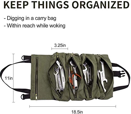 Super Roll Tool Roll,Multi-Purpose Roll Up Tool Bag, Wrench Roll,Canvas Tool Organizer Bucket,Car First Aid Kit Wrap Roll Storage Case,Hanging Tool Zipper Carrier Tote,Car Camping Gear