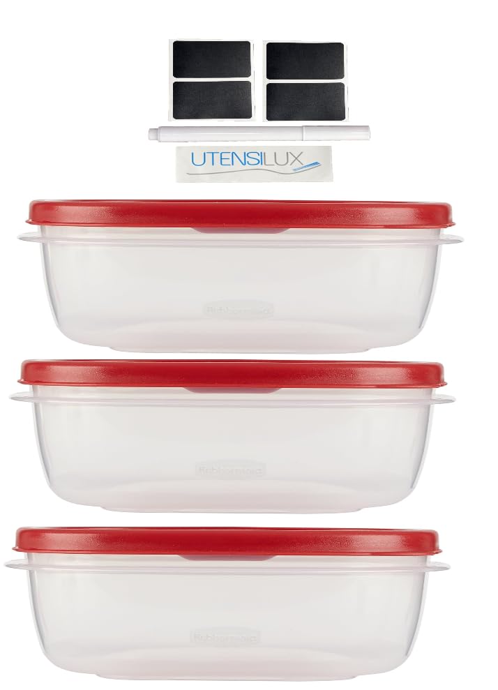 Utensilux Rubbermaid Food Storage Containers Nine Cup Food Storage Containers 7 Peice Set, Easy Find Lids, 3 Containers, 3 Lids Chalk Pen And Chalk Labels
