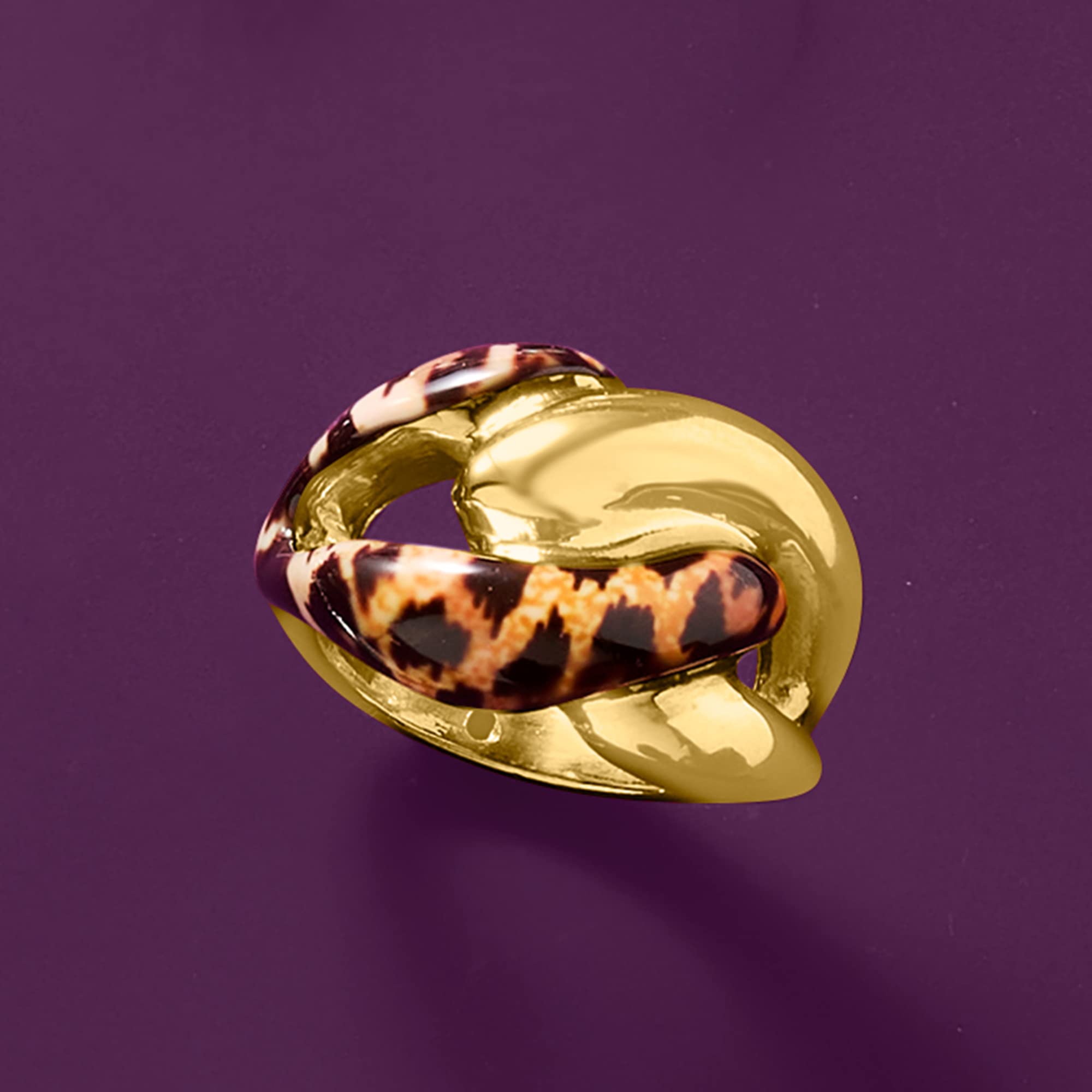 Ross-Simons Italian Leopard-Print Enamel Link Ring in 18kt Gold Over Sterling. Size 7