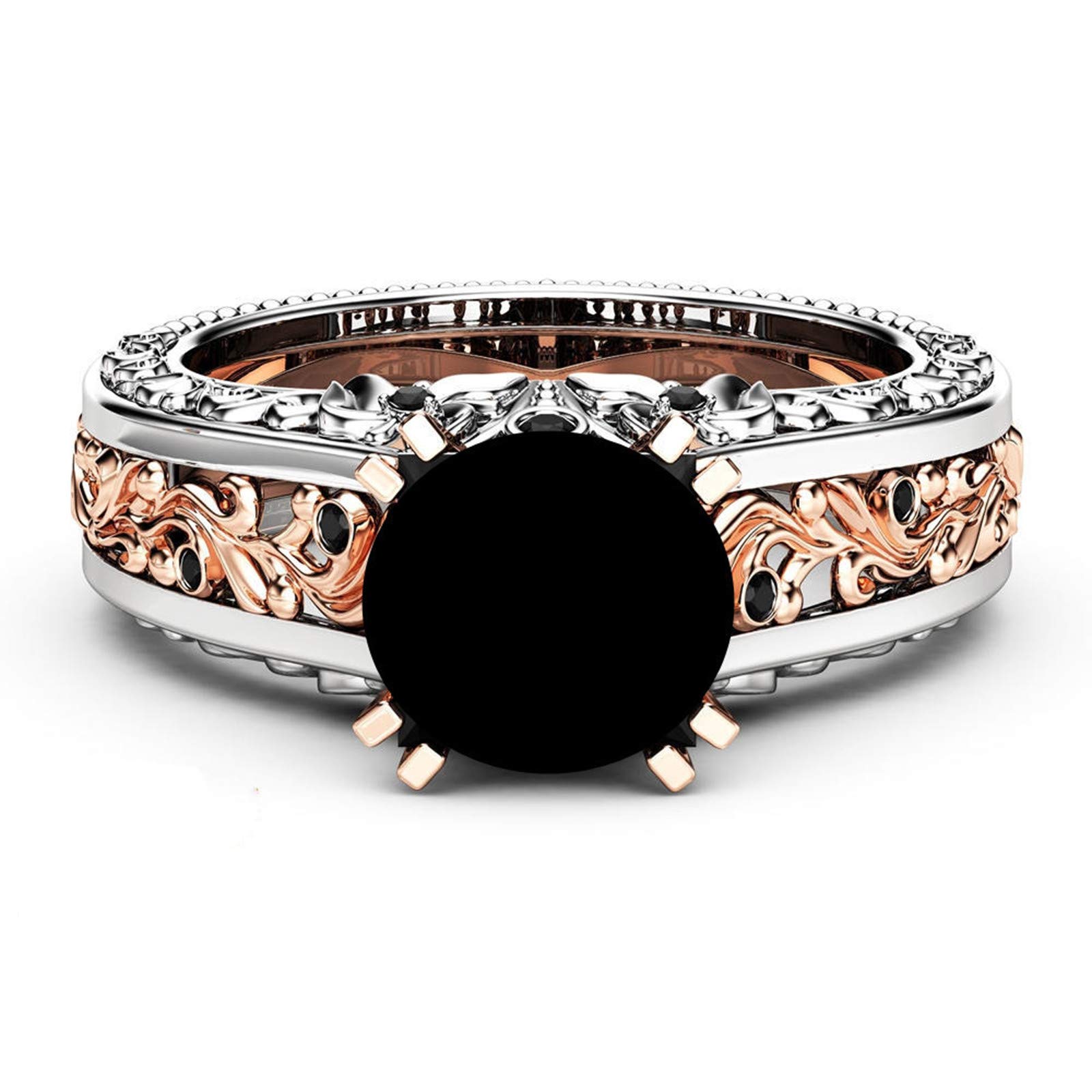 Taswuw Press Cut Gold Black Diamond Engagement Rings for Women Classic Side one Prong Set Diamond Floral Wedding Ring