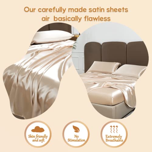 YUEZAISHOU Khaki Satin Sheets Full - 4pcs Silk Bed Sheets Full Hotel Luxury Extra Soft Silky Bedding Set -15" Deep Pocket Fitted Sheet & Flat Sheet & 2 Pillowcases - Wrinkle, Fade, Stain Resistant