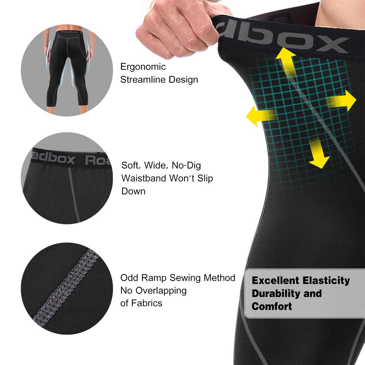 Roadbox Mens 3/4 Compression Pants with Pockets Running Workout Baseketball Base Layer Legging Tights