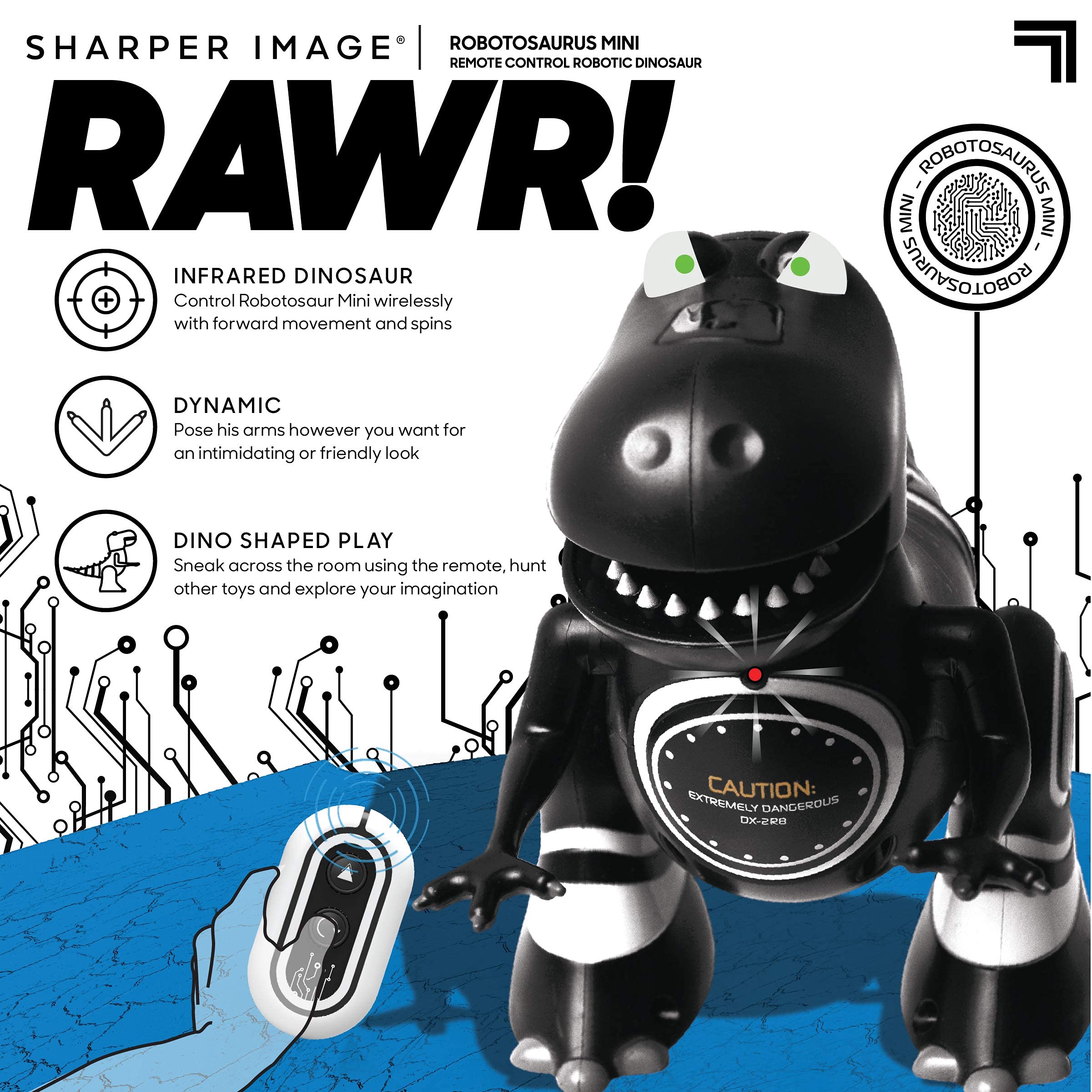 Sharper Image Remote Control Mini RC Robotosaur Dinosaur Toy for Kids, Miniature Futuristic Sci-Fi Robot T-Rex Moving Action Figure with Infrared Technology, Battery Operated Black Body