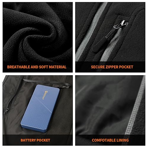 PROSmart Heated Vest Polar Fleece Lightweight Waistcoat with USB Battery Pack(Unisex,Black) (Gray, L) (Black, XL)