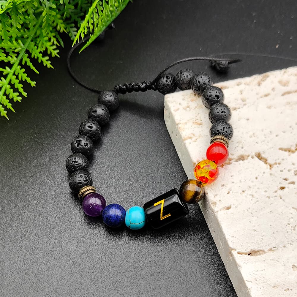 XIMEO Initial Beaded Bracelets for Men Women Lava Rock Healing Stone Letter Bracelets Chakra Tiger Eye Stone Braided Rope Bracelet Meaningful Gift Adjustable