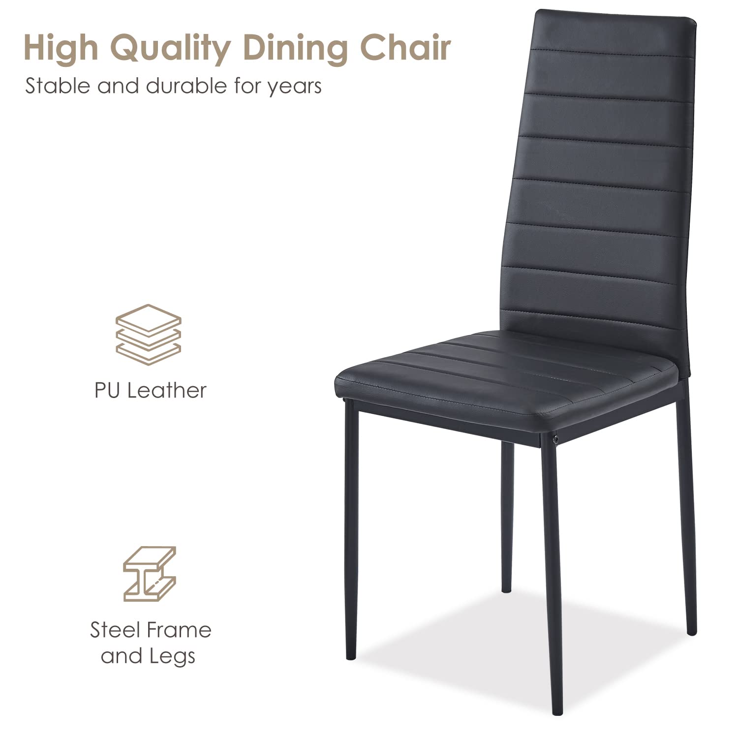 ROZHOME Dining Table Set for 4, 35" Round Glass Table and Faux Leather Metal Chair for Home Office, Kitchen, Dining Room, Apartment, Space Saving (Matte Black+black, Table & 4 Chairs)